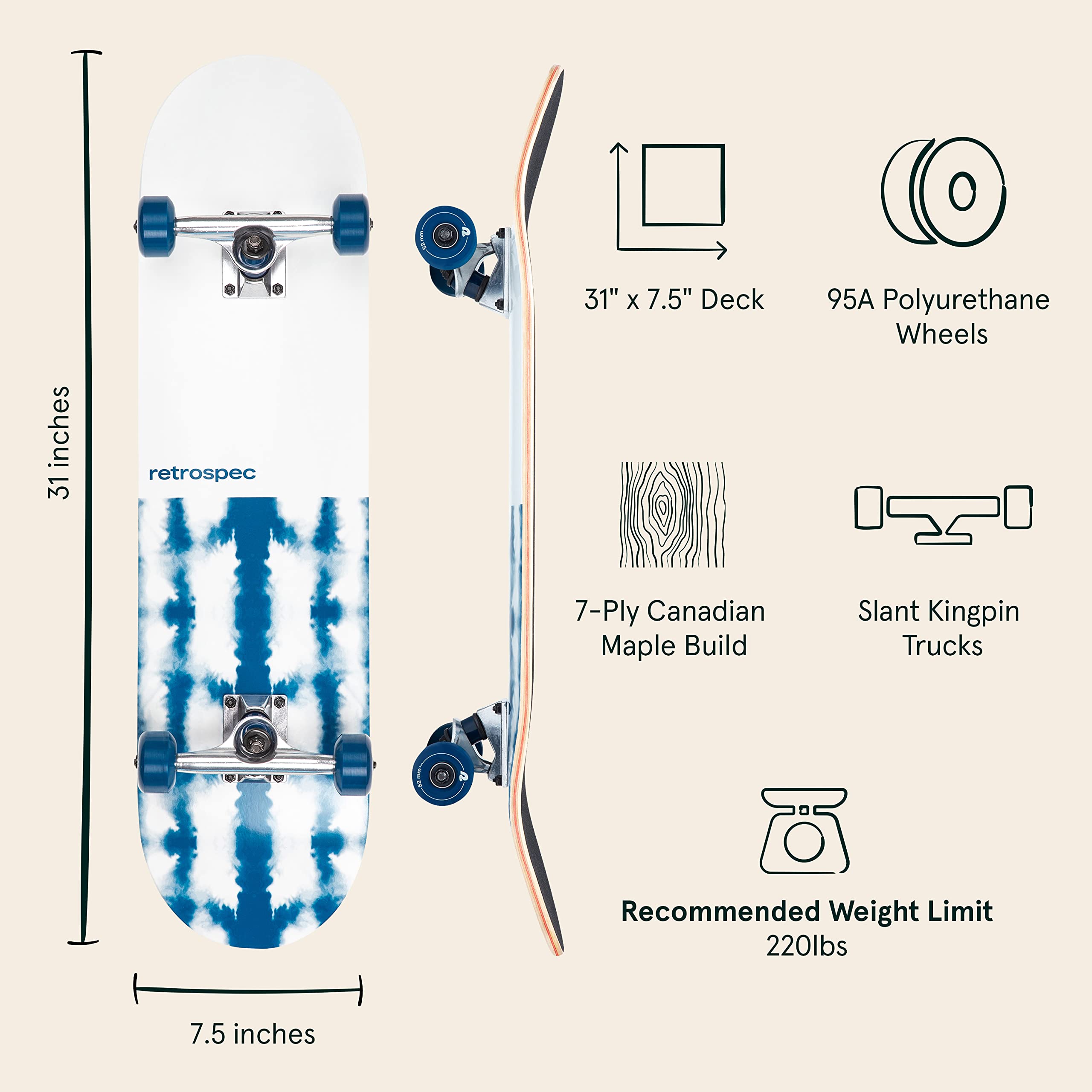 Retrospec Alameda Skateboard Complete | Canadian Maple Wood Deck w/ 5.5 Inch Aluminum Alloy Trucks for Commuting, Cruising, Carving & Downhill Riding