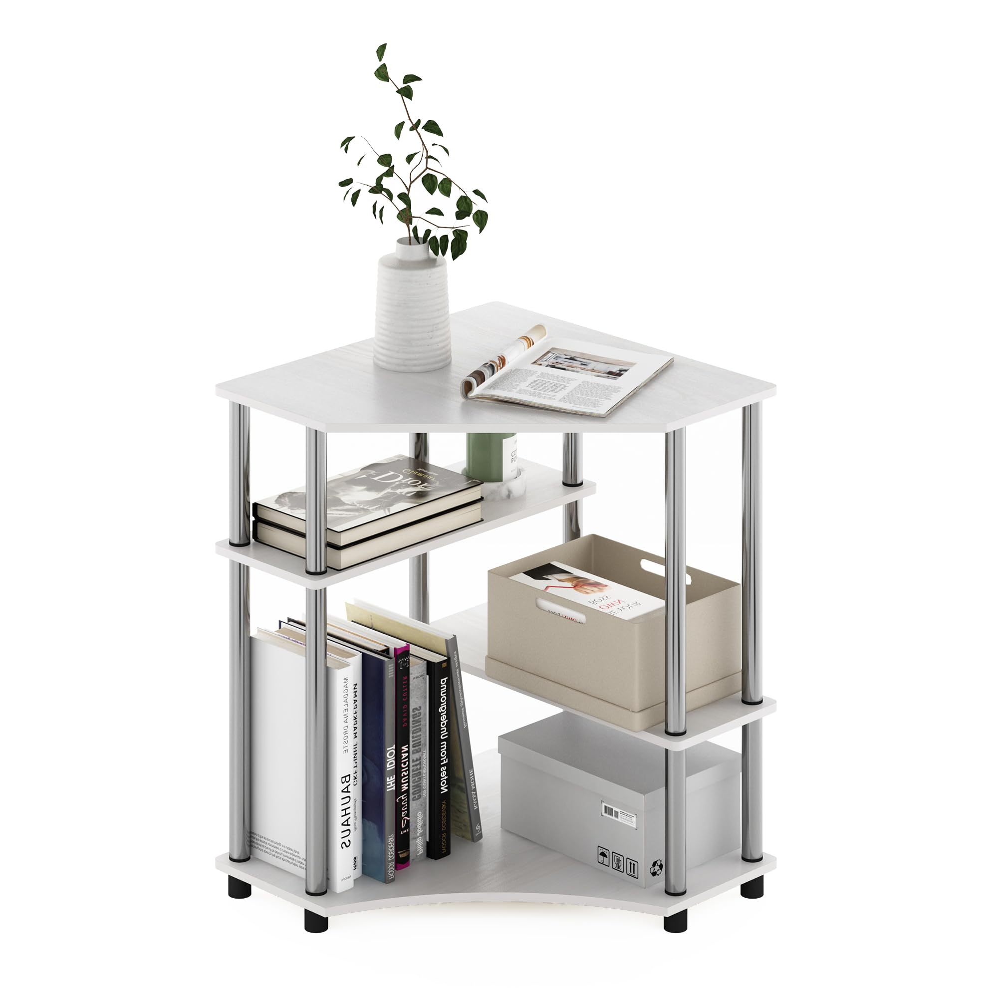 Furinno Turn-N-Tube Space Saving Corner Desk with Shelves, White Oak/Stainless Steel