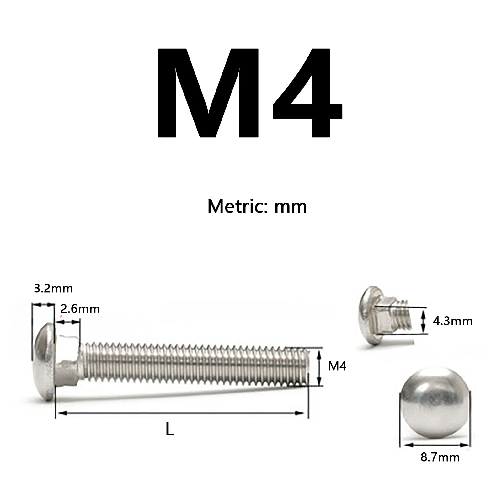 CREULT Carriage Screws Square Neck Bolts M4 Truss Head Half Round Thread 0.7mm Pitch Shelf Machine Fasteners Stainless Steel (50pcs, 18mm Length)