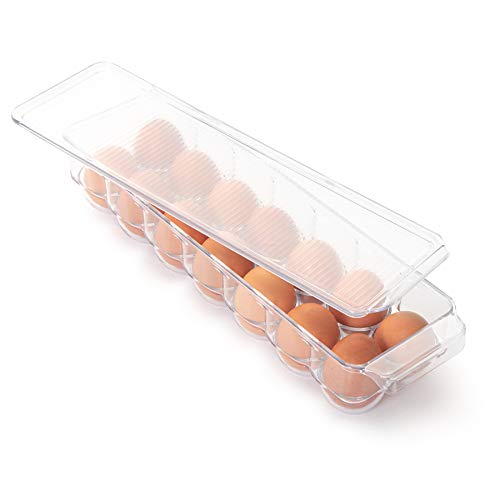 Smart Design Stackable Refrigerator Egg Holder Bin with Handle and Lid - BPA Free Plastic - Fridge Drawer, Freezer Tray, Kitchen Pantry Storage Container Organizer - 14.65 x 3.25 Inch - Clear