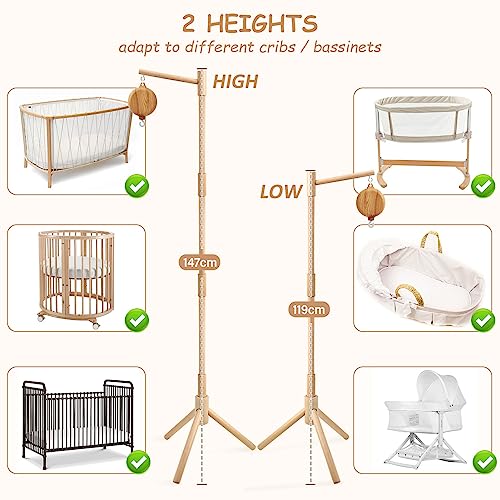 Floor Standing Mobile Arm for Crib with Music Box, Crib Mobile Motor - Volume Control, 9 Lullabies, 57.8 Inch Baby Crib Mobile Arm - 100% Beech Wood, Anti-Dumping - Baby Mobile Stand for DIY Mobile