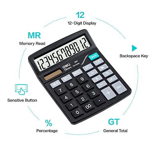 Calculator, Deli Standard Function Desktop Calculators with 12 Digit Large LCD Display and Sensitive Button, Solar Battery Dual Power Office Calculator, Black, 3 Pack