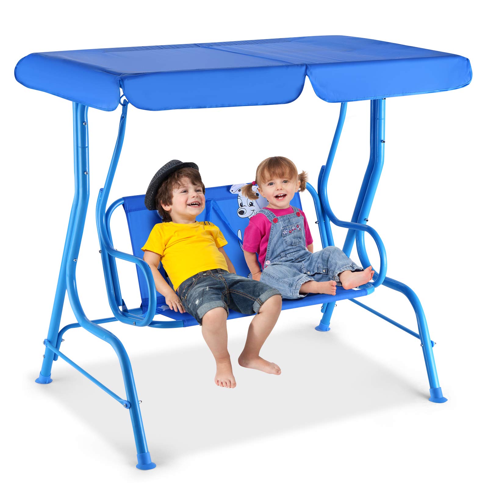 HONEY JOY Kids Patio Swing, 2-Seater Outdoor Porch Swing Lounge Chair W/Canopy & Safety Belt, All Weather Resistant Waterproof Hanging Swing Bench for Patio Garden Poolside Balcony(Blue Puppy)