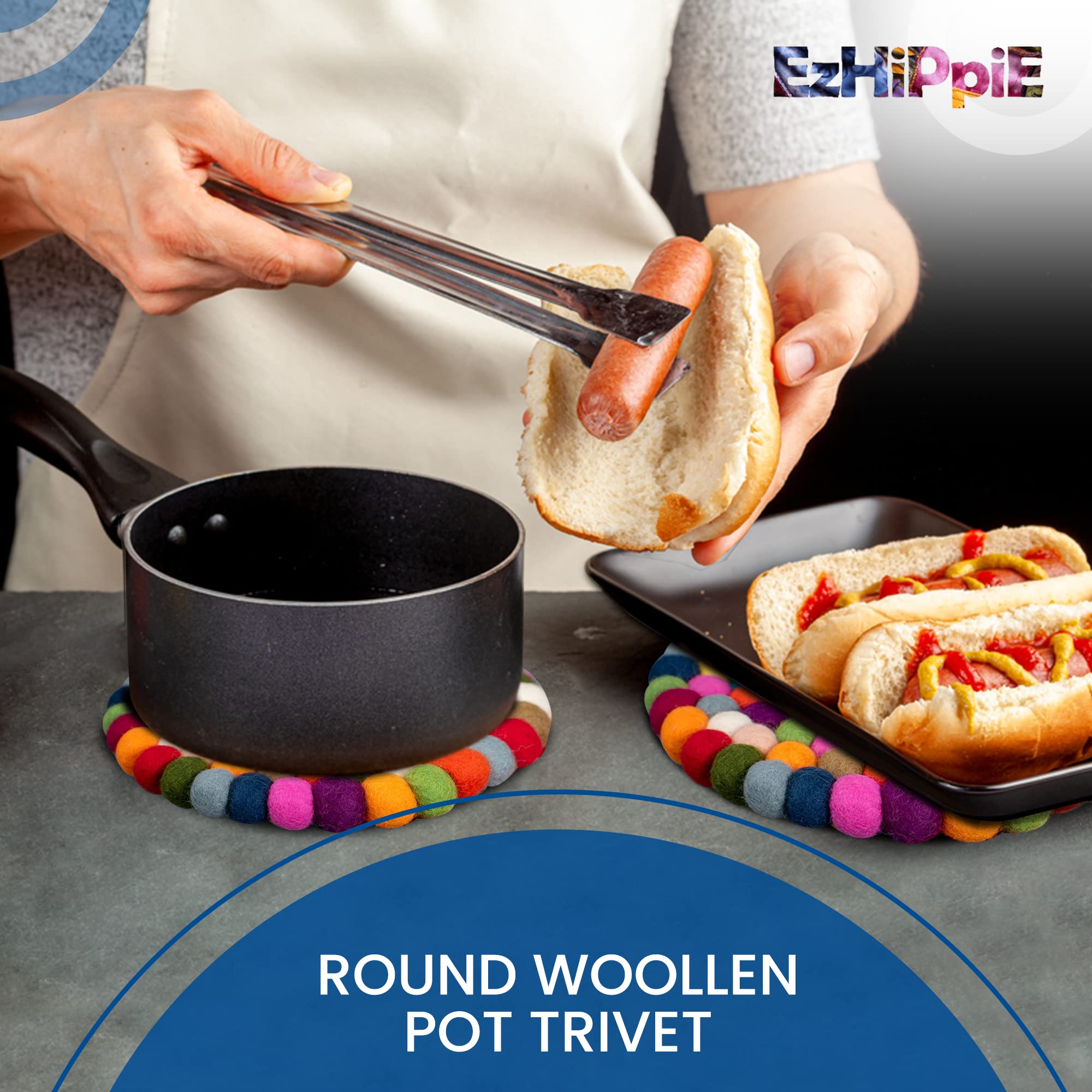 Ezhippie 20 CM Woollen Pot Trivet with Heat Resistance, Handmade Non Slip Pan Holder from Nepal, Trivets for Kitchen, Pots, and Pans Protect Tables and Worktops, Absorbent Felt Ball Pad, Round-1
