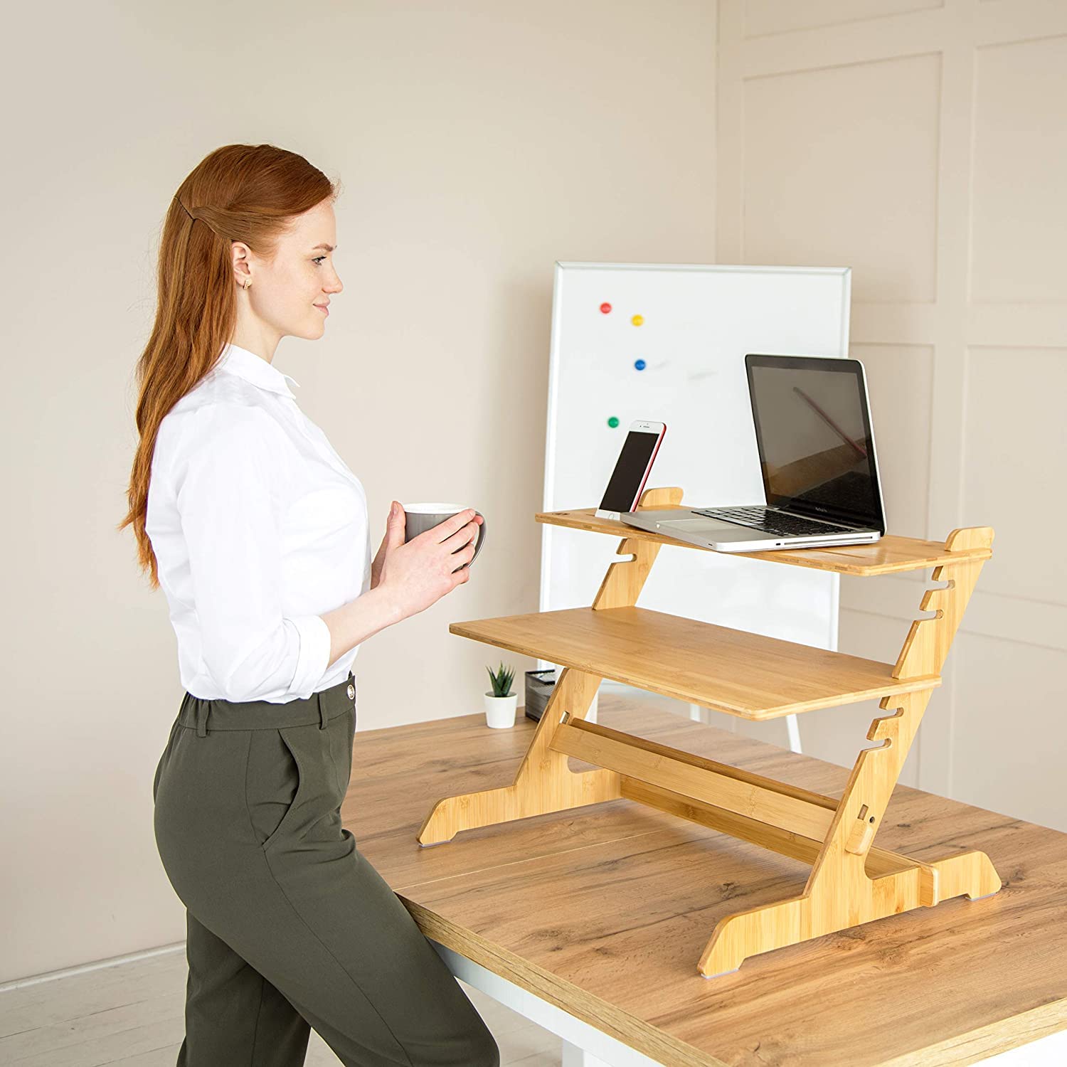 Crew & Axel Standing Desk Converter Bamboo Adjustable Sit Stand Desk Riser - Great for Laptops, Monitors Home or Office 19" High 26" Wide with Tablet & Phone Stand