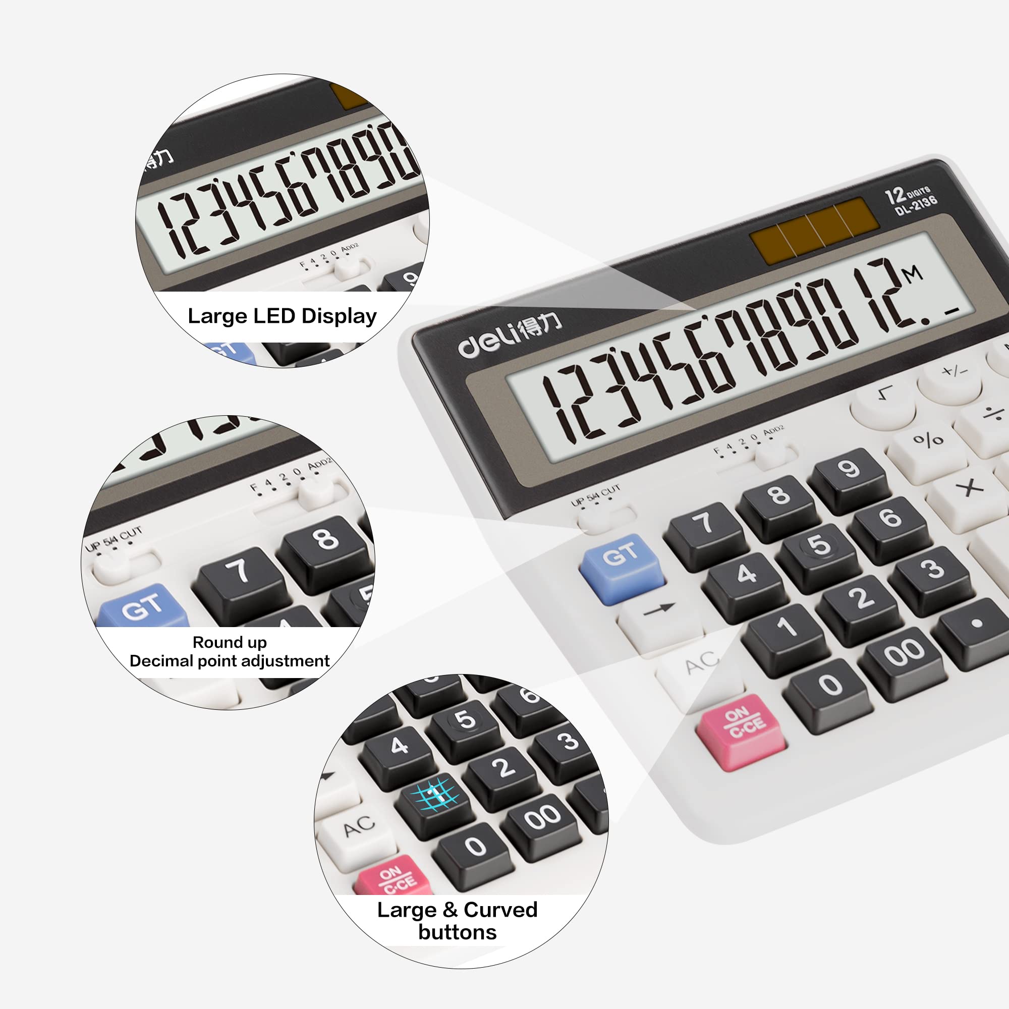Calculator, Deli Desktop Calculator, Financial Accounting Basic Calculators with 12 Digit Large LCD Display, Solar Battery Dual Power, White