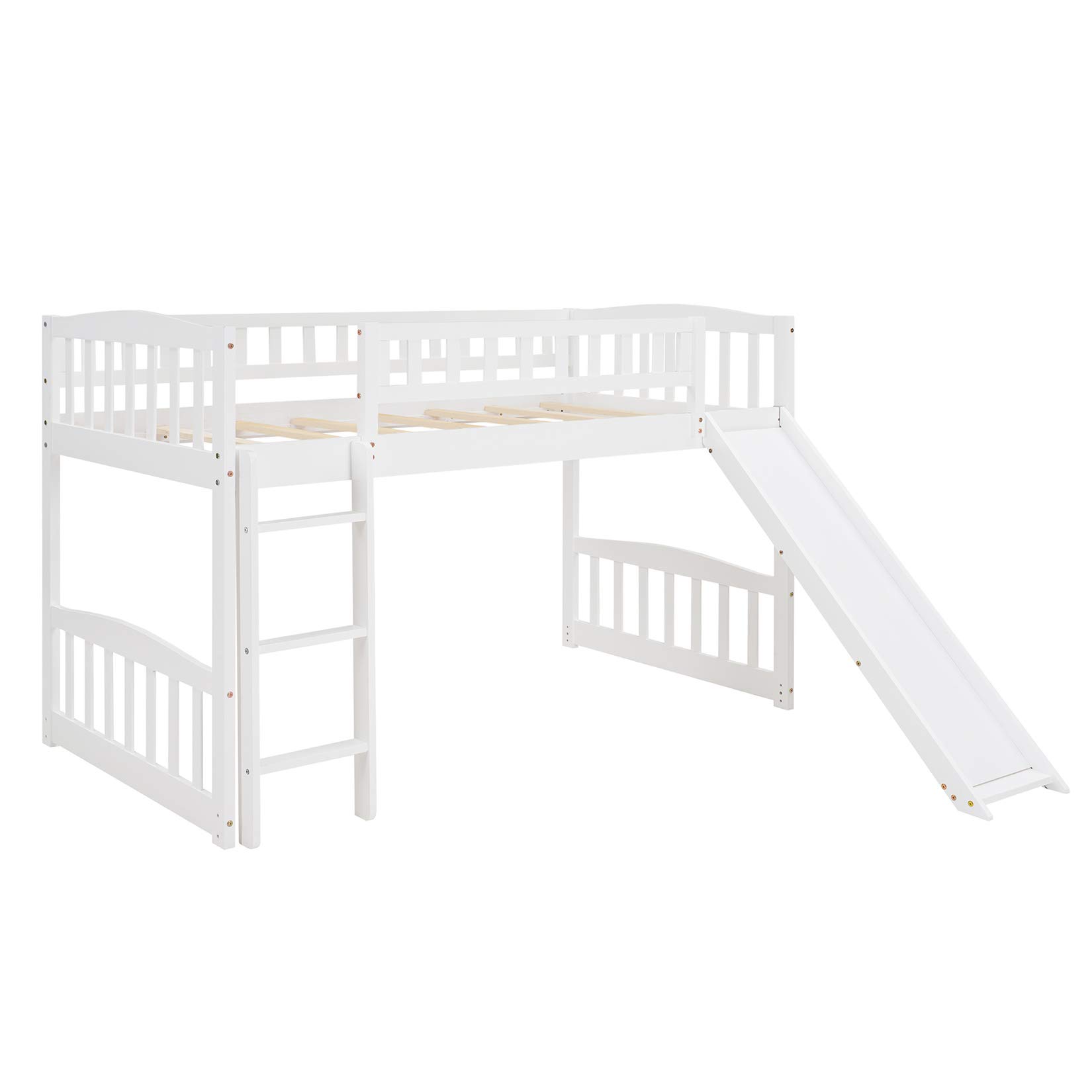 Harper & Bright Designs Kids Low Loft Bed with Slide, Twin Loft Beds for Kids, Wood Loft Bed Frame with Ladder for Boys and Girls, No Box Spring Needed, White