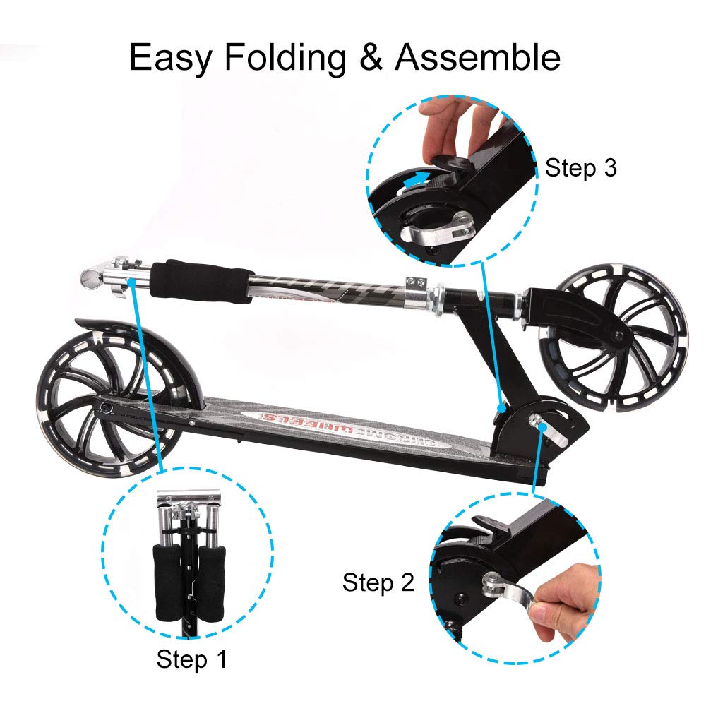 ChromeWheels Kick Scooter, Deluxe 8" Large 2 Light Up Wheels Wide Deck 5 Adjustable Height with Kickstand Foldable Scooters, Best Gift for Age 9 up Kids Girls Boys Teens, 180 lbs Weight Limit, Black