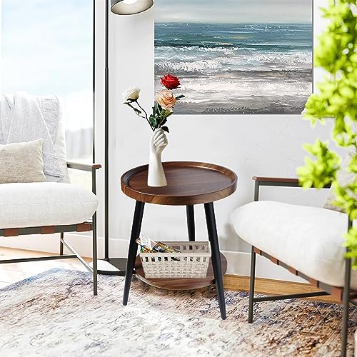 FANTERSI Small Round Side Table, 2-Tier Mid Century Modern Side Table, Round End Table Small Side Table for Living Room, Metal Frames, Brown