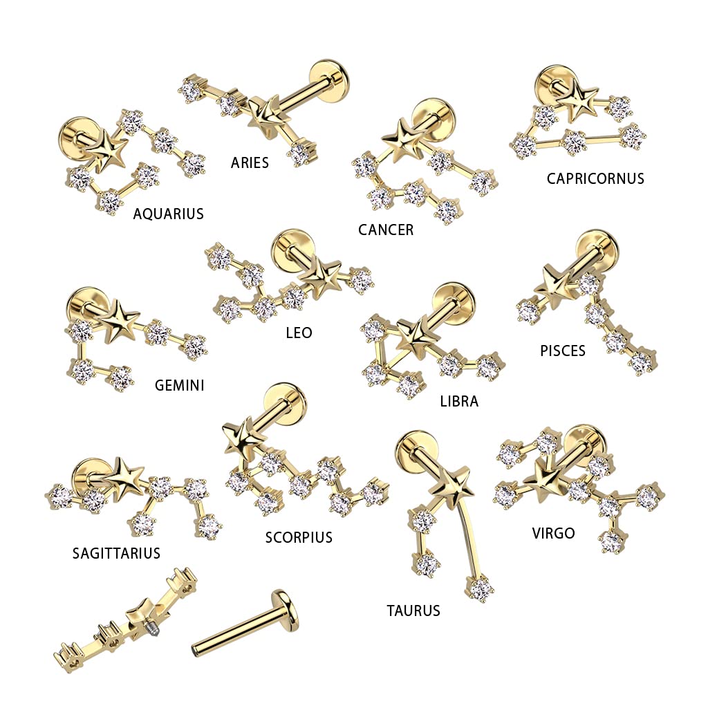 Dynamique 316L Surgical Steel Gold Plated Internally Threaded CZ Zodiac Constellation Labret Stud (Sold Per Piece)