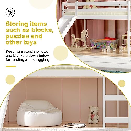 NAFORT Twin Loft Bed with Slide, Low Loft Bed with Stairs, Solid Wood Twin Loft Bed Frame for Girls Boys with Climbing Ladders Guard Rails and Slat Support - White