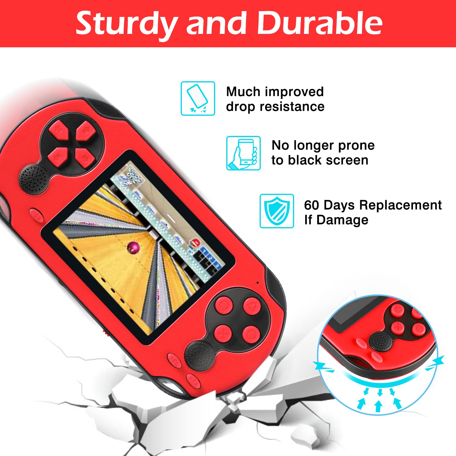 TaddToy 16 Bit Handheld Game for Kids Adults, 3.0'' Large Screen Preloaded 230 HD Classic Retro Video Games with USB Rechargeable Battery & 3 Game Cartridges for Birthday Gift for Kids 4-12 (Red)