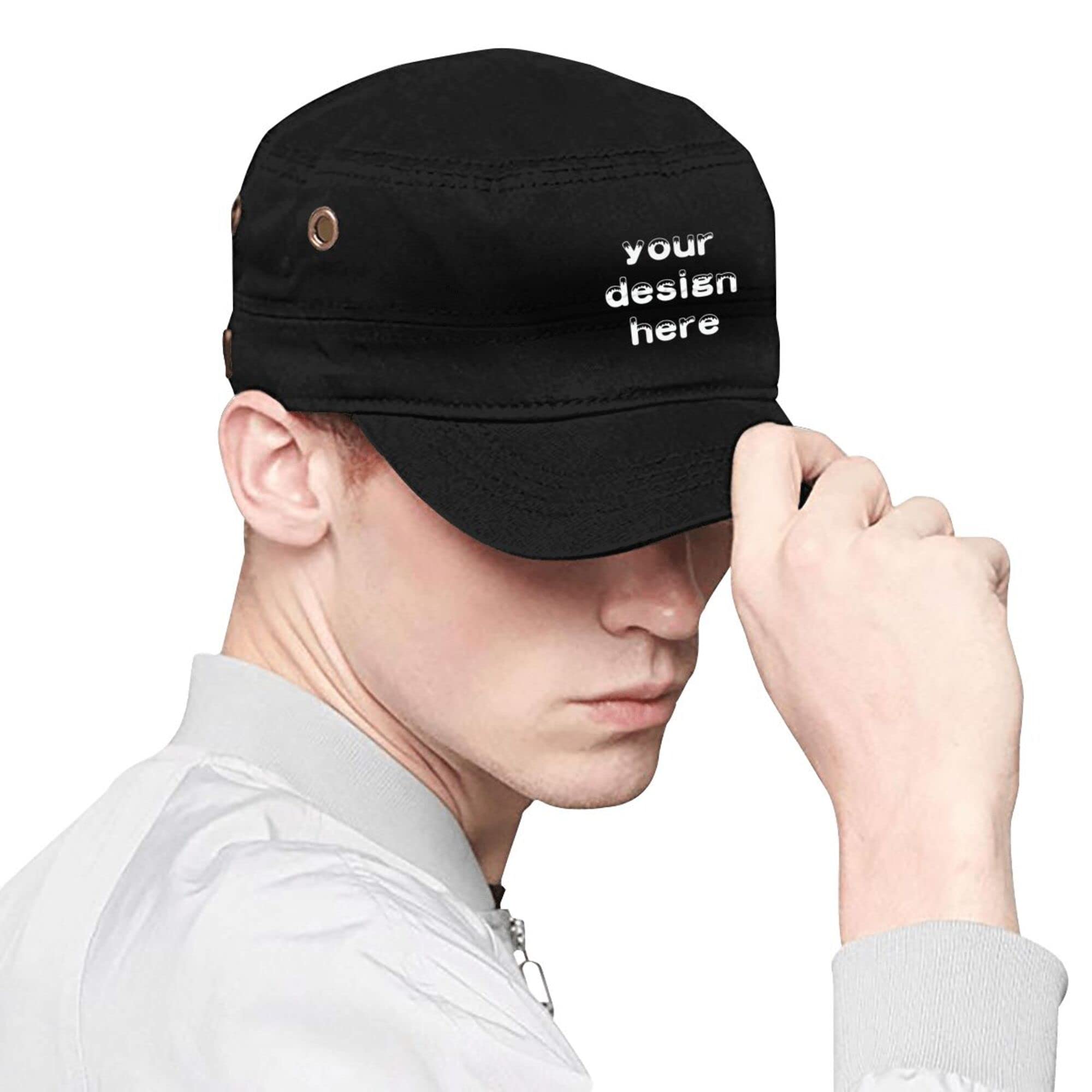 Custom Military Army Hat for Men Women,top hat Customized Flat Top Cap,Adjustable Cadet Army Hats Unisex Dad Caps Outdoor Sports Black