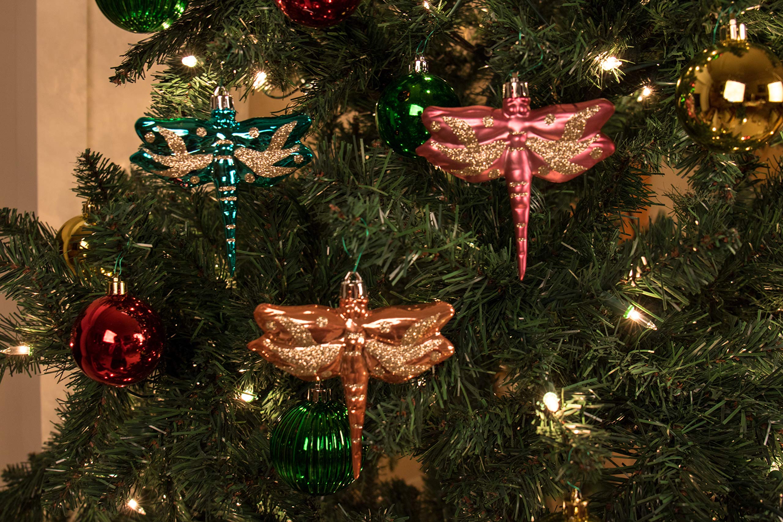 Clever Creations Dragonfly Christmas Ornament Set of 4 Pieces, Shatterproof Holiday Décor for Christmas Trees, Peach, Pink and Teal