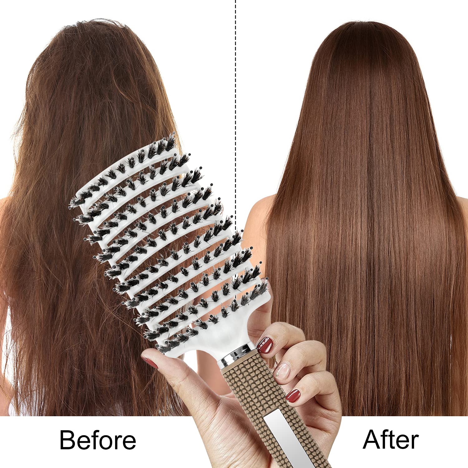 Boar Bristle and Nylon Curved Vented Hair Brush for Fast Blow Drying Detangling and Head Massage Hair Styling (White)