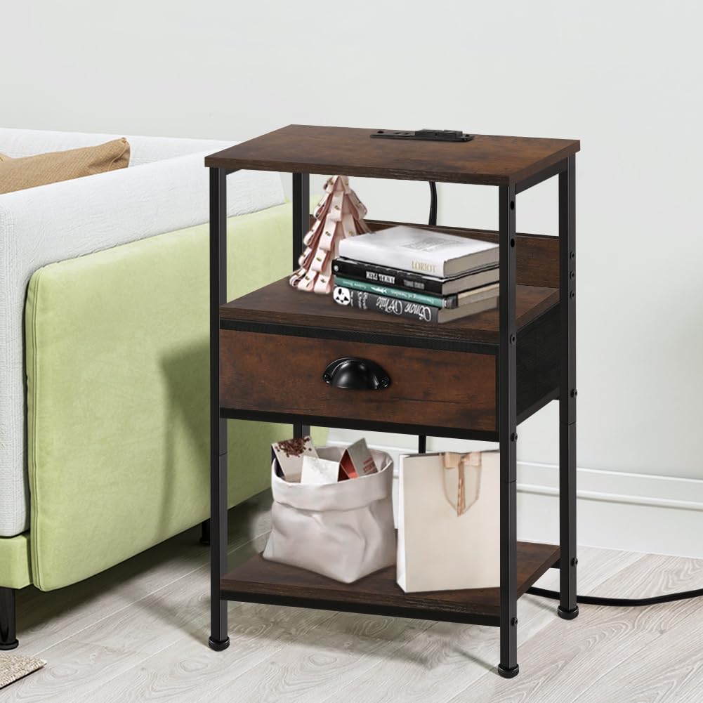 FURWOO Bed Side Table with Charging Station 3-Tier Storage Industrial nightstand with Drawers Good for Bedroom Living Room Rustic Brown