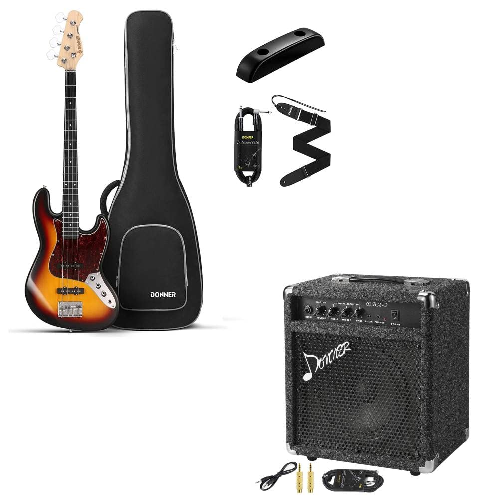 Donner Full-Size Electric Bass Guitar JB-Style with Bass Amp 25W Bass Guitar Amplifier DBA-2