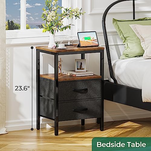 Huuger Nightstand with Charging Station, Side Table with Fabric Drawers, End Table with Open Shelf, Bedside Table with USB Ports and Outlets, Night Stand for Bedroom, Rustic Brown