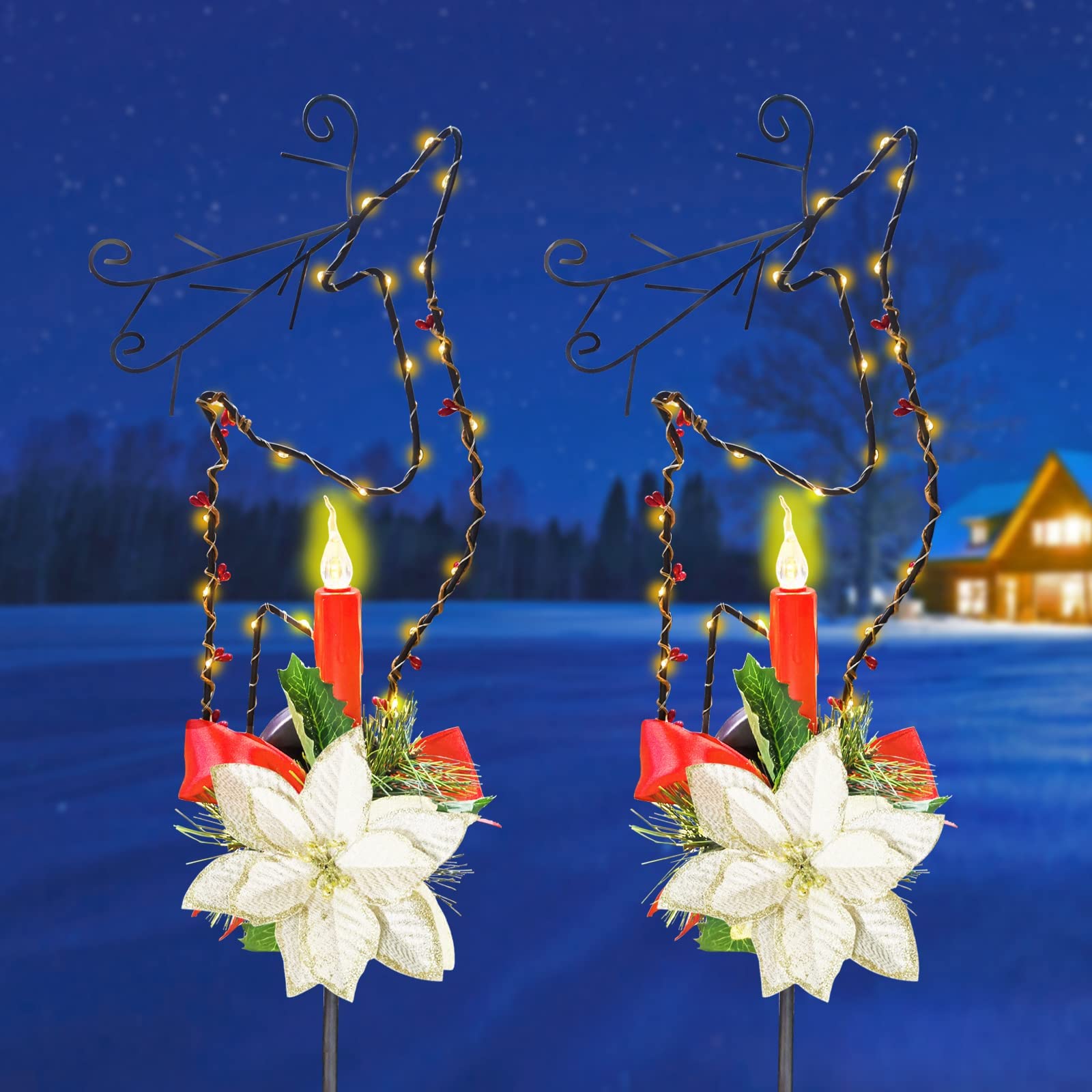 OBABA 2 Pack Solar Christmas Yard Stake Lights,Outdoor Decor Garden Metal Reindeer 33" Stakes LED Candle Light,Holiday Ornament for Home Lawn Pathway Walkway Driveway Winter Decoration