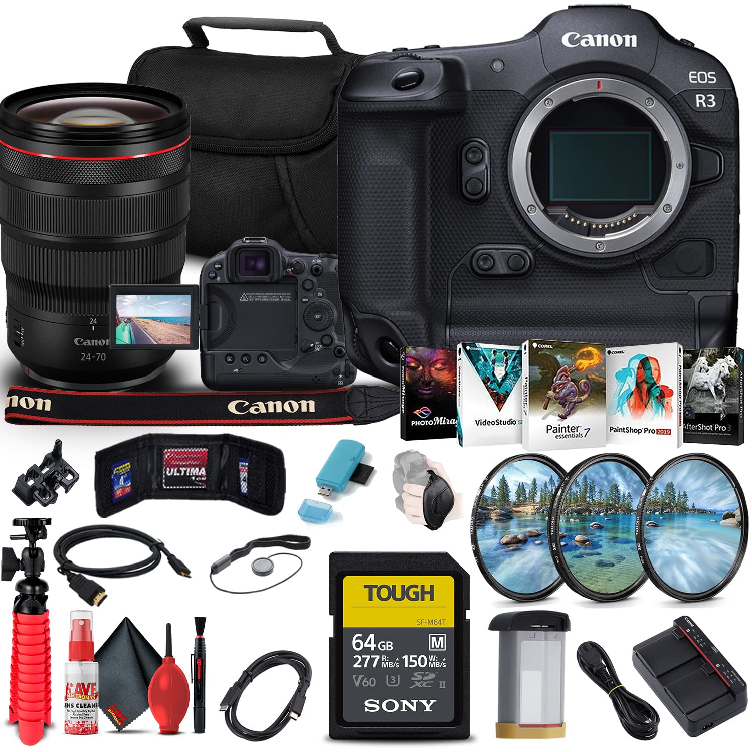 Canon EOS R3 Mirrorless Camera (4895C002) + Canon RF 24-70mm Lens + Sony 64GB Tough SD Card + Filter Kit + Corel Photo Software + HDMI Cable + Case + Flex Tripod + Hand Strap + More (Renewed)