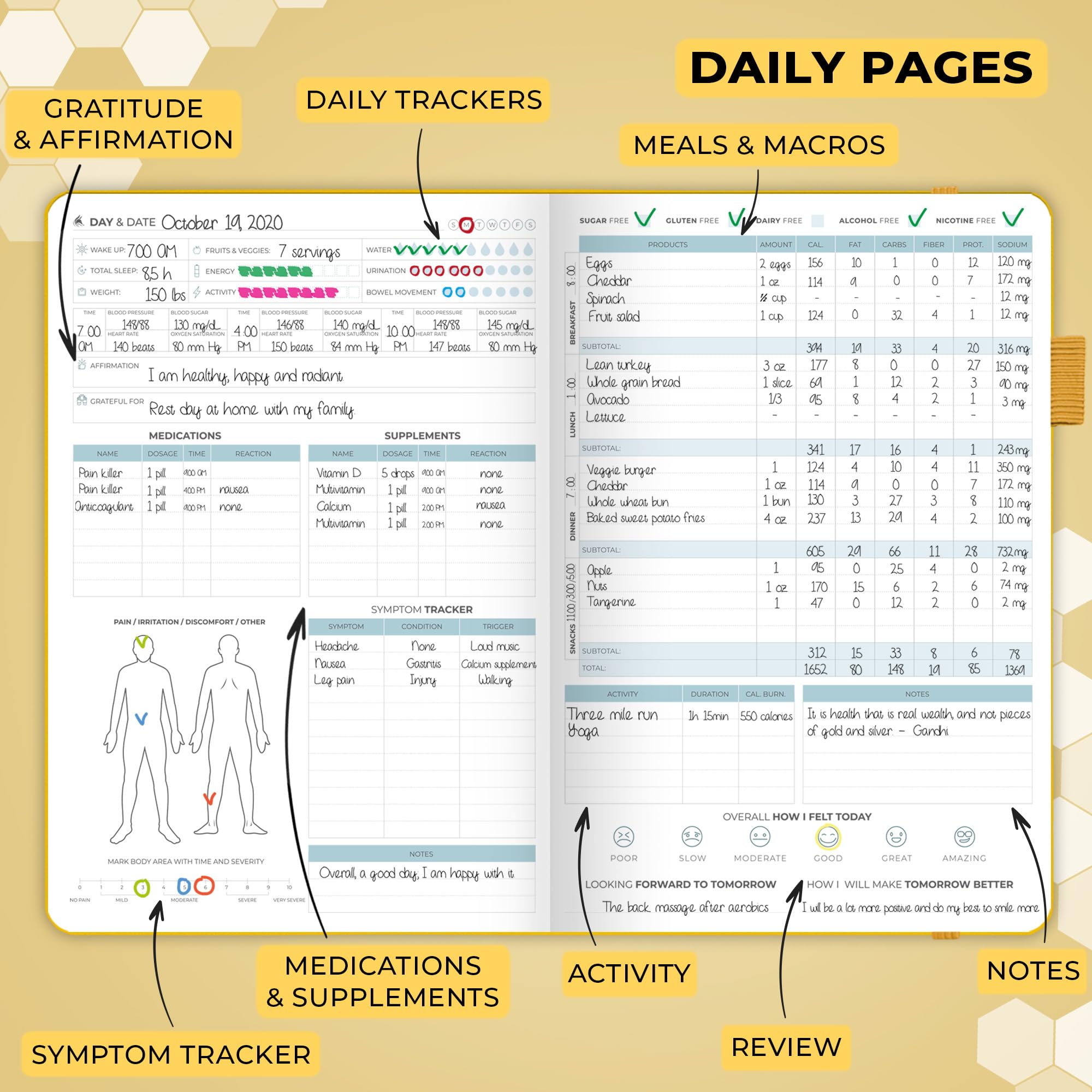 Clever Fox Medical Planner Daily – Health Diary Notebook, Wellness Journal & Self-Care Logbook, Lasts 3 Months, 7x10.5″ (Amber Yellow)