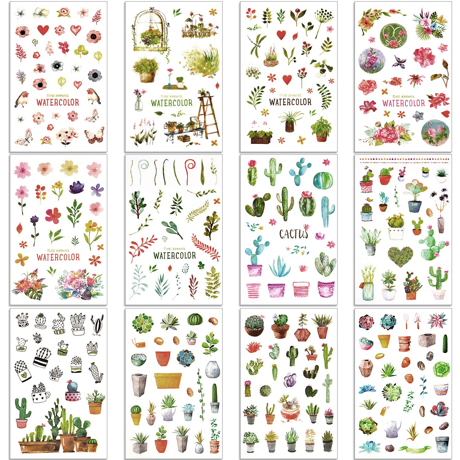 Chuangdi 48 Sheets Cactus Stickers Plant Flower Decorative Stickers Journal Planners Stickers for Party Holiday Supplies