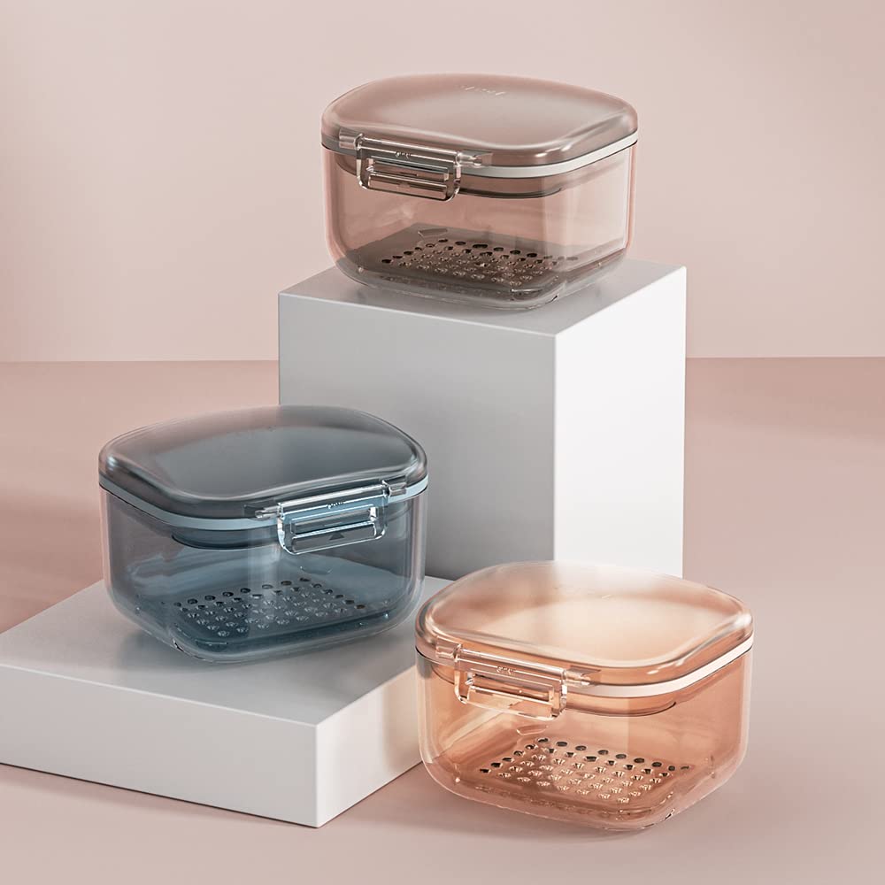 Denture Case, Retainer Case, Denture Bath Box Cup with Strainer basket, Cute Denture Holder Storage Soak Container for Travel Cleaning, Exquisite Retainer cleaner Case, Mouth Guard Case (Blue)