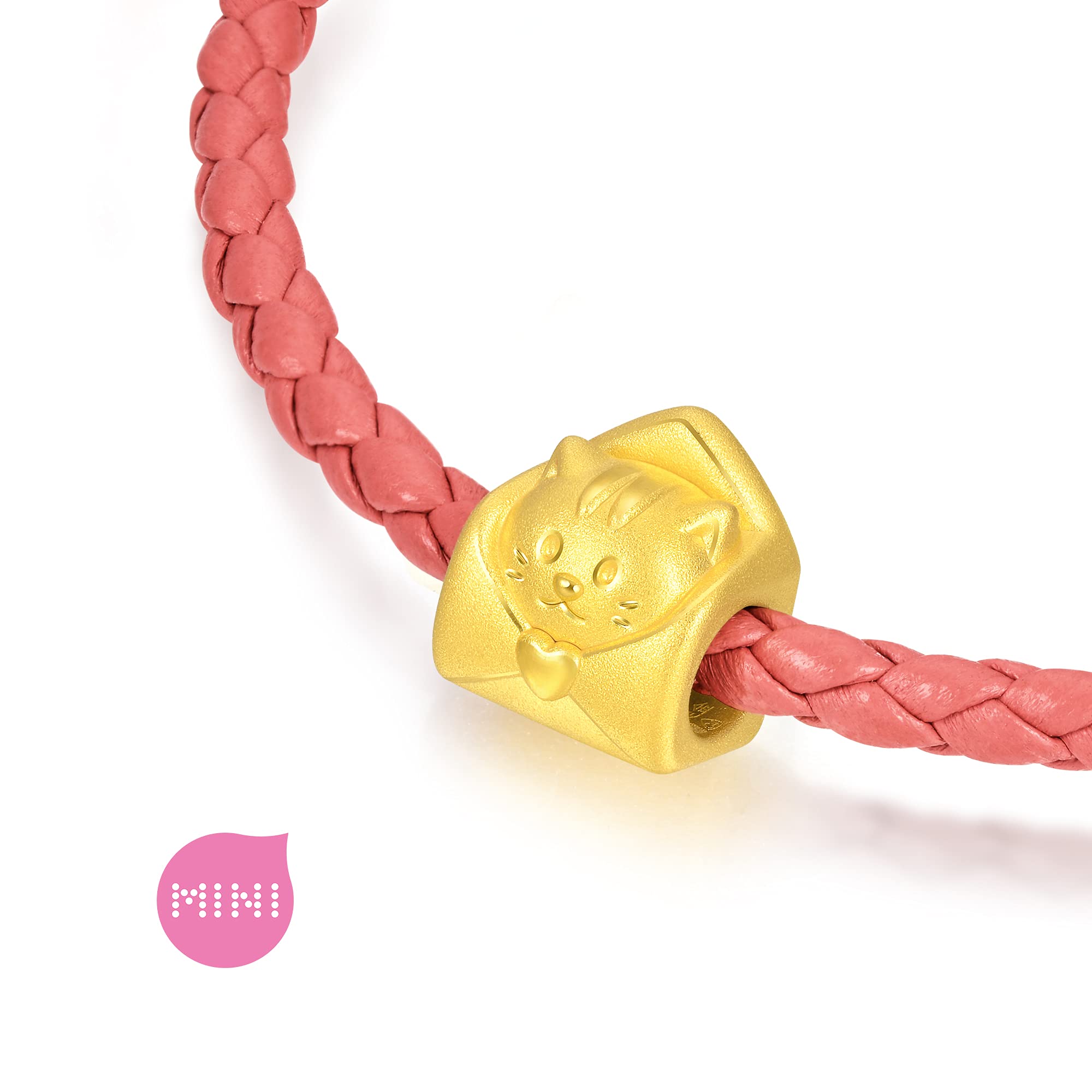 CHOW SANG SANG 999 24K Solid Gold Envelope Cat Kitten Mini Charm Bracelet for Women 92442C (Gold, 19 CM)