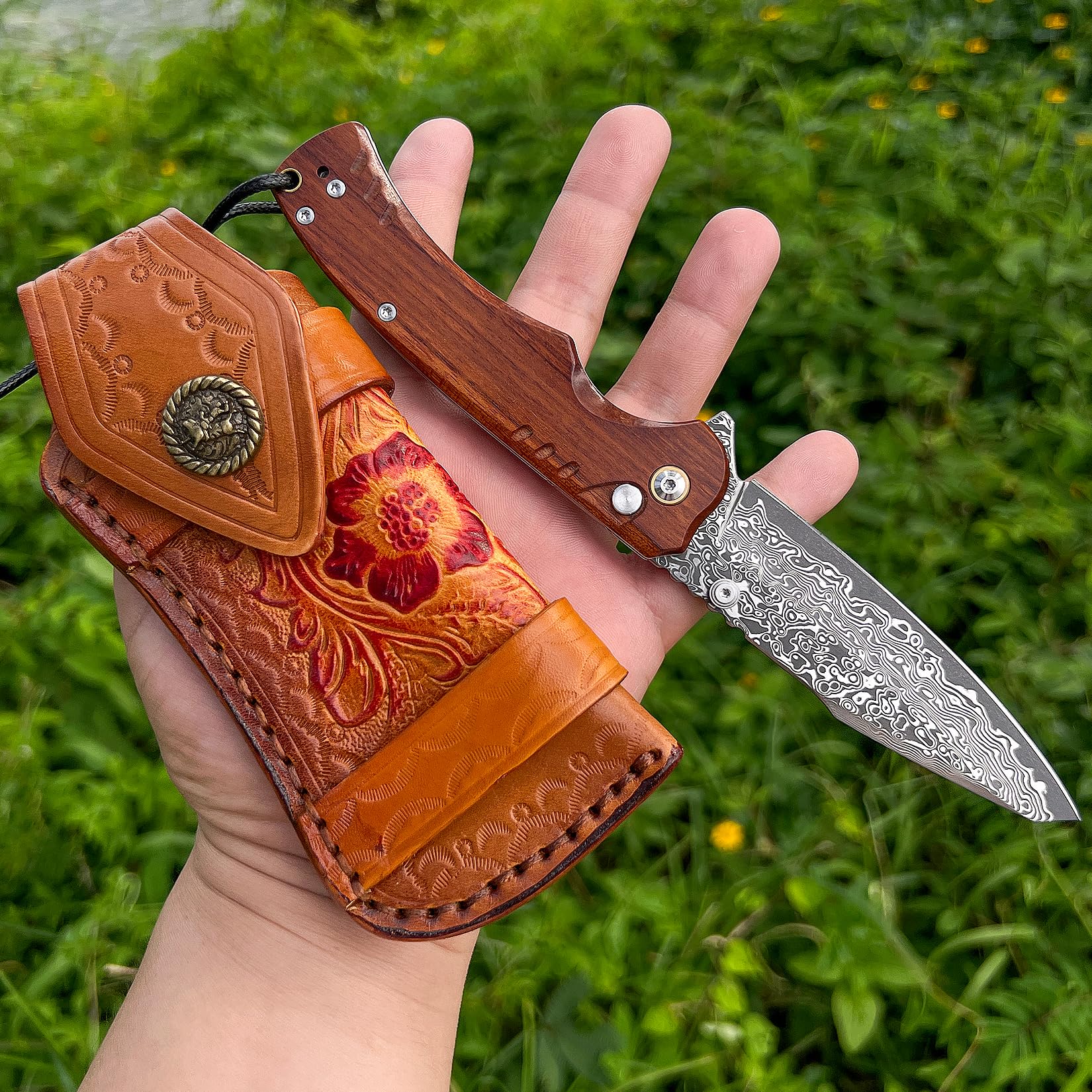 FORESAIL Button Lock Pocket Knife for EDC,Folding Knife, Thumb Stud & Flipper Opener, With leather sheath,Wood Handle with 3.6" Damascus Steel Blade for Outdoor, Camping, Hunting