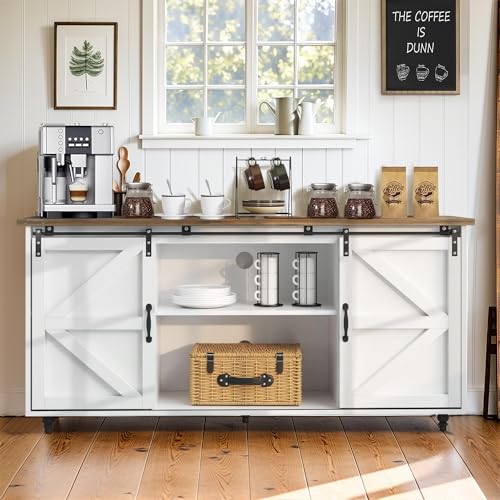 Farmhouse Coffee Bar Cabinet, 58β Kitchen Sideboard Buffet Cabinet with Storage, White Coffee Bar Table with Sliding Barn Door for Dinning Living Room