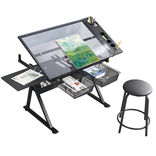 LifeSky Adjustable Glass Drafting Table - Height Adjustable Temped Glass Artists Drawing Table with Storage - Art Craft Desk Workstation for Adults