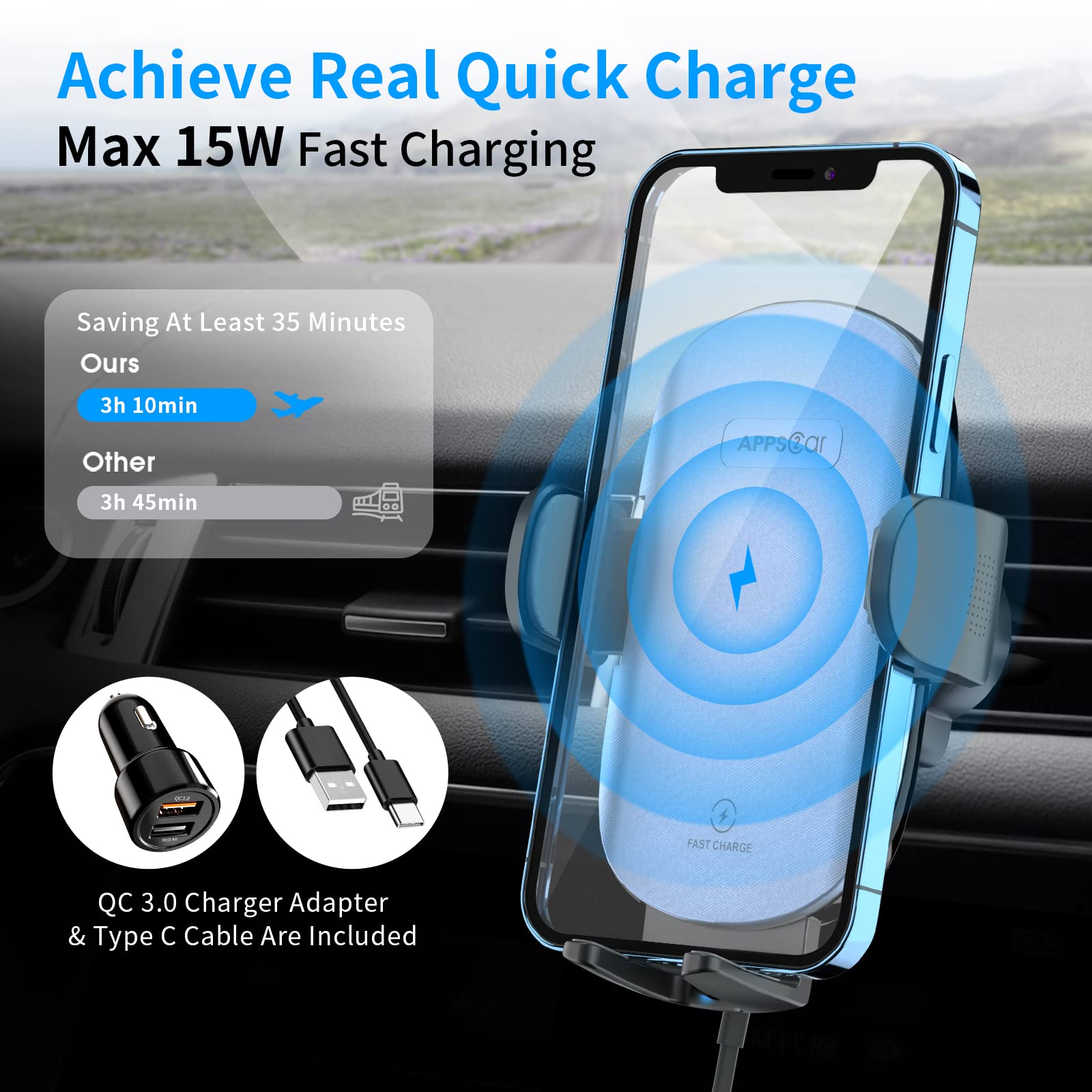 Car Phone Holder Mount Wireless Charging, 15W Wireless Car Charger Mount, Windshield Dash Phone Holder [with QC 3.0 Adapter] Compatible with iPhone 13 12 Mini 11 Pro Max, Samsung, LG-Iron Gray