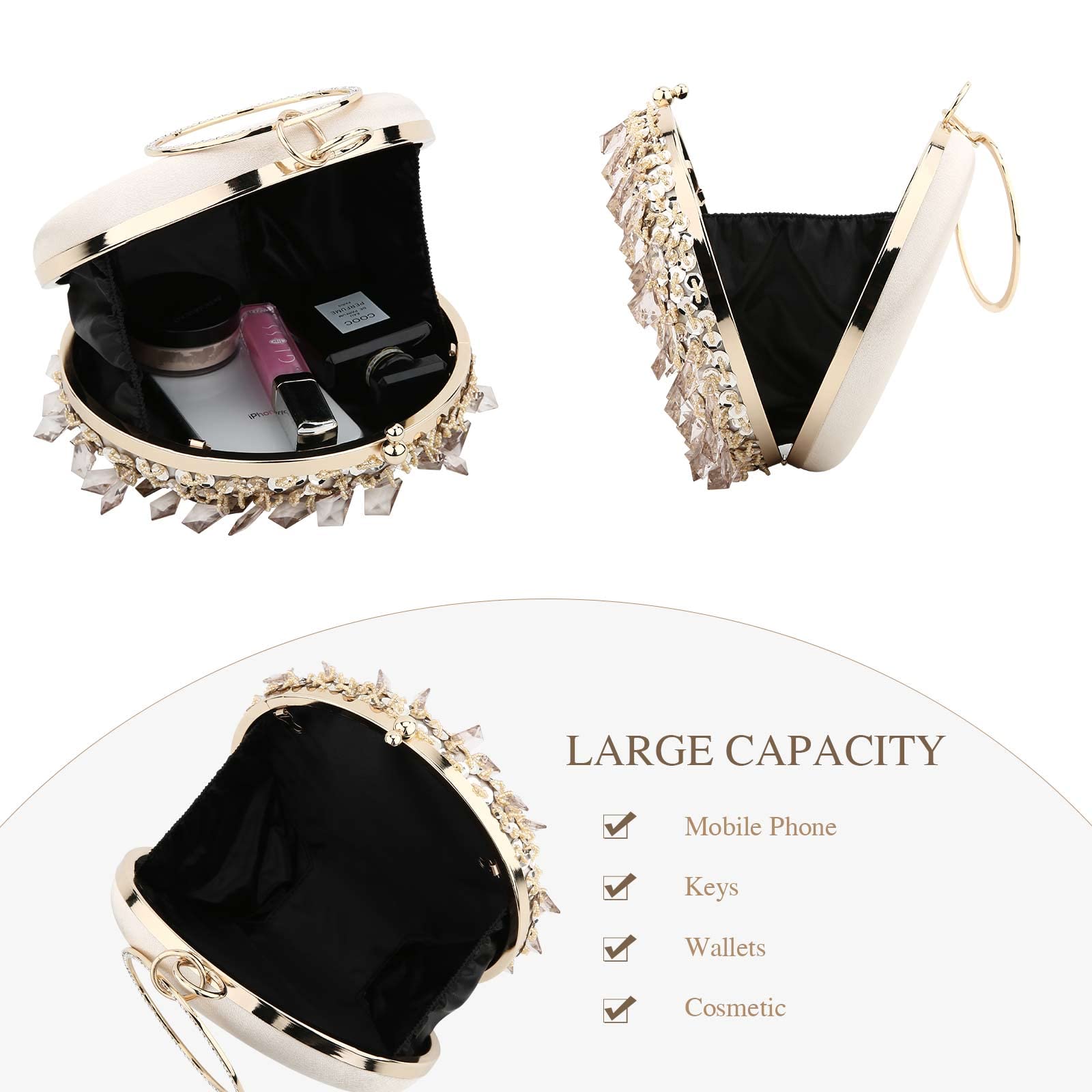 Tanpell Womens Evening Bag Round Beaded Clutch Handbag Sequins Bridal Wedding Purse for Cocktail Party (Gold)