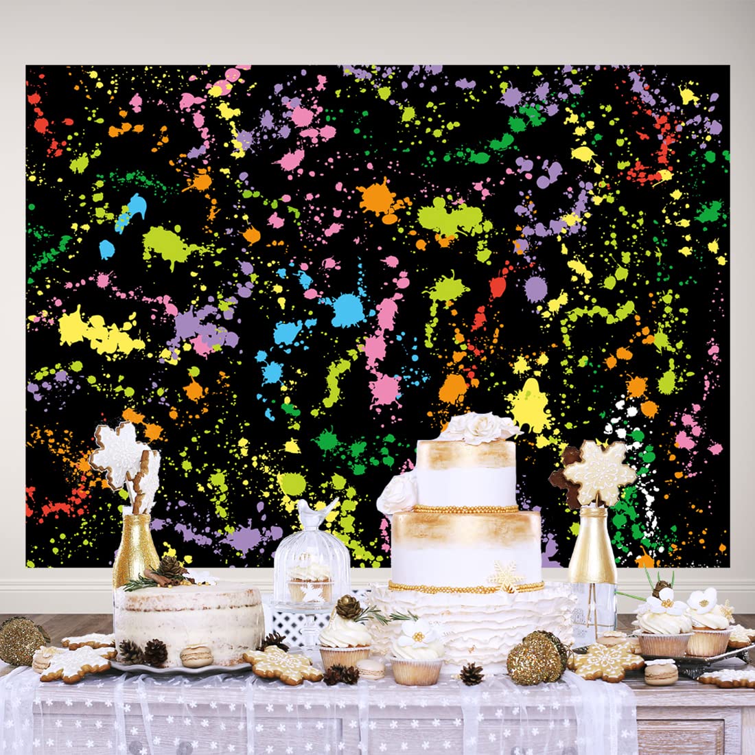 Colorful Paint Splash Backdrop Abstract Graffiti Style Photography Background Neon Glow Splatter Hip Hop Disco Retro 80's 90's Happy Birthday Glow Party Art Vinyl 7x5ft Banner Photo Studio Props