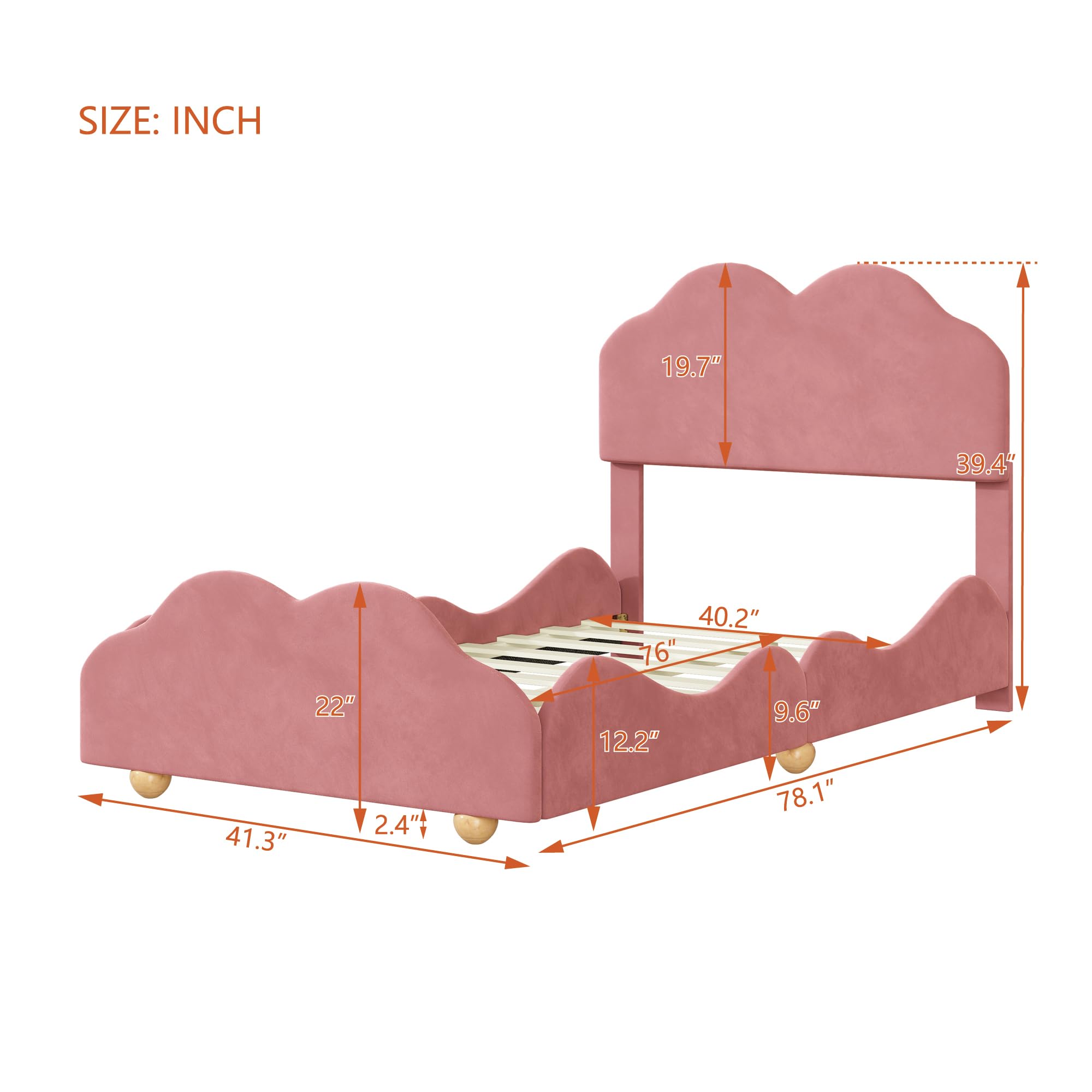 Favfurish Twin Size Velvet Upholstered Platform Bed with Cloud Shaped Headboard, Solid Pinewood Bed-Frame W/Supported Feet and Baffle, for Kids,Girls,Boys,Beige