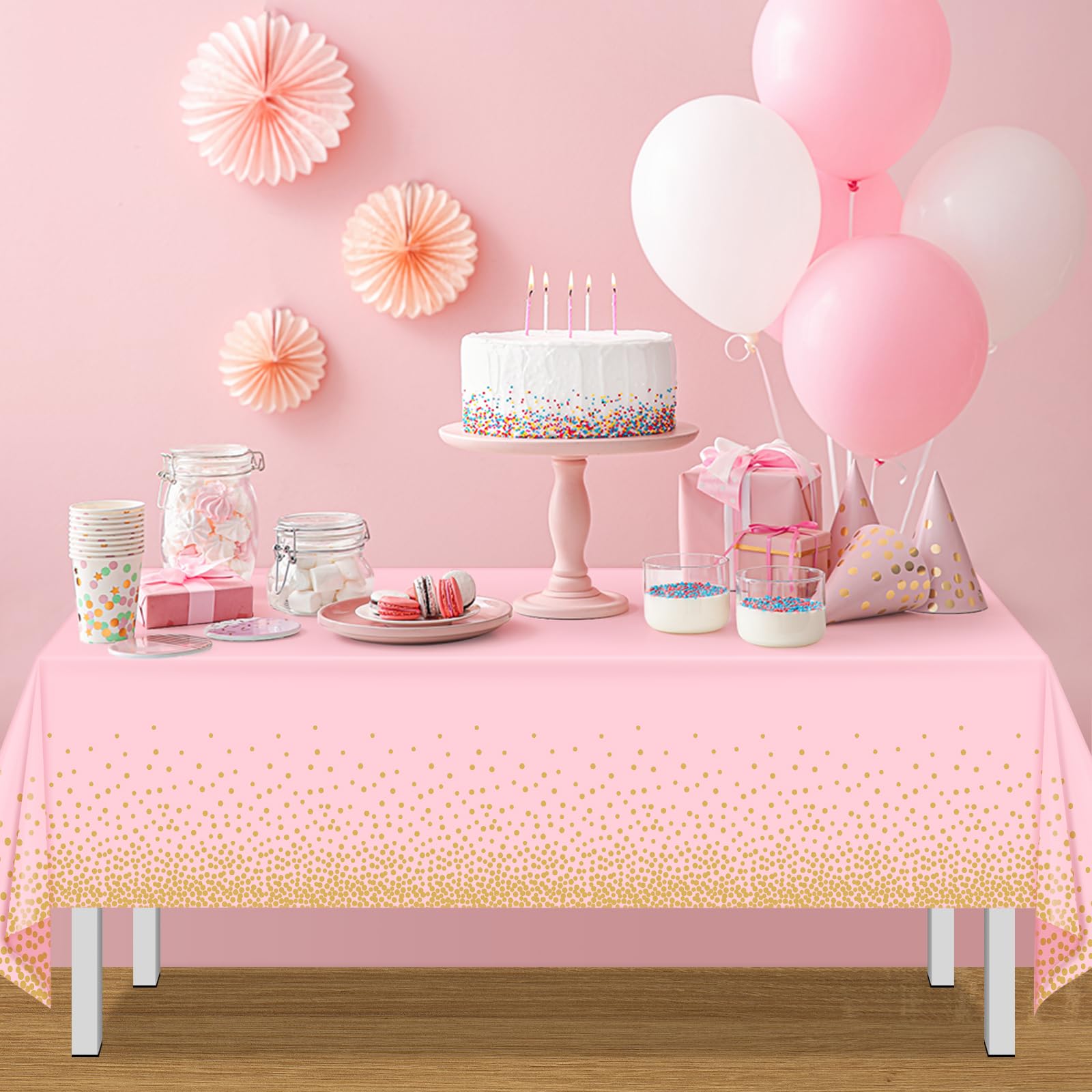 FunnyPars 4 Pack Pink and Gold Plastic Tablecloth for Parties, Disposable Table Cloth Rectangle Tables, Stamping Dot Confetti Light Birthday Wedding Baby Shower Party, 54''x108''