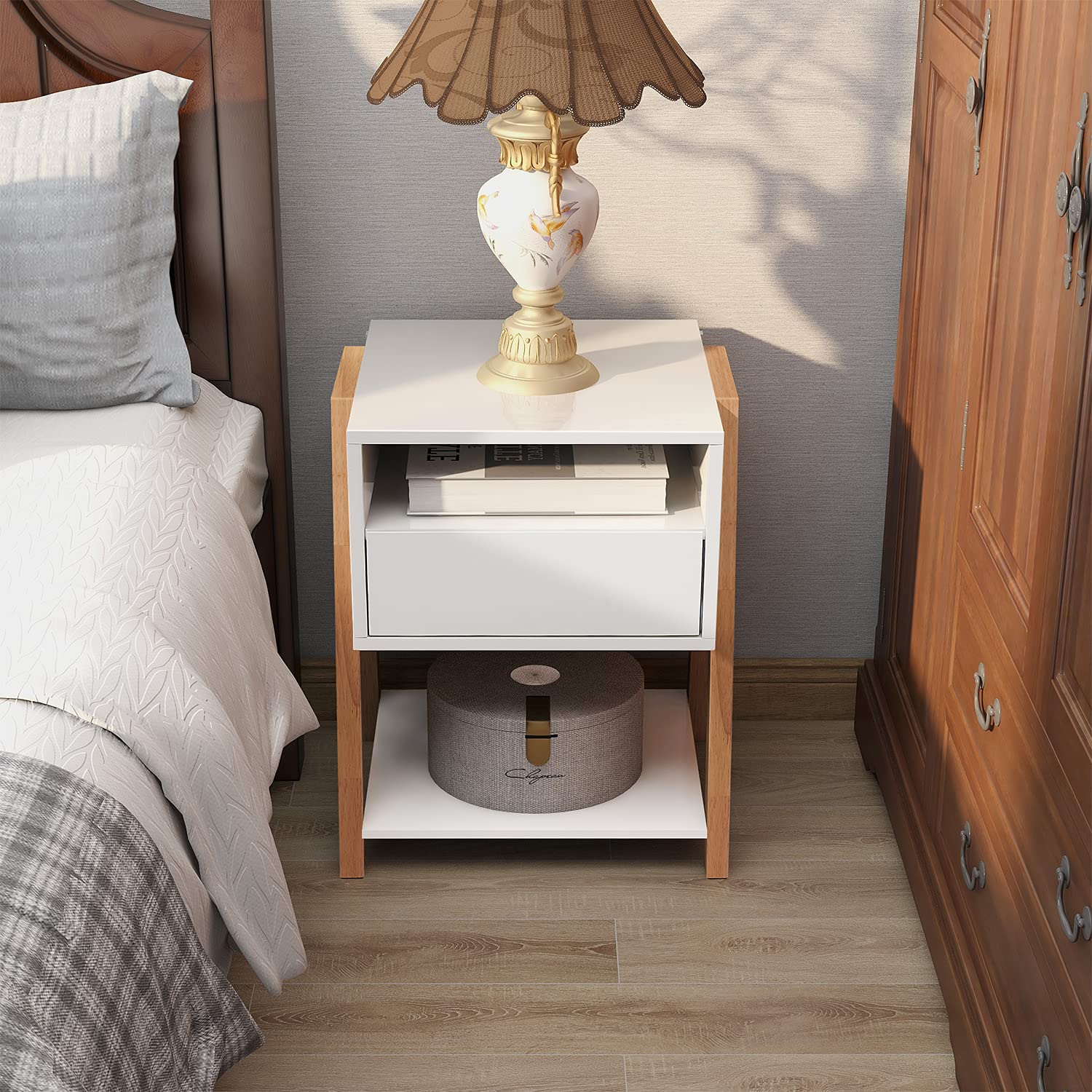 TaoHFE White Nightstands Bedroom Set of 2 with Drawer Storage Shelves,Night Stands Side Tables for Living Room/Bedroom/Office,White