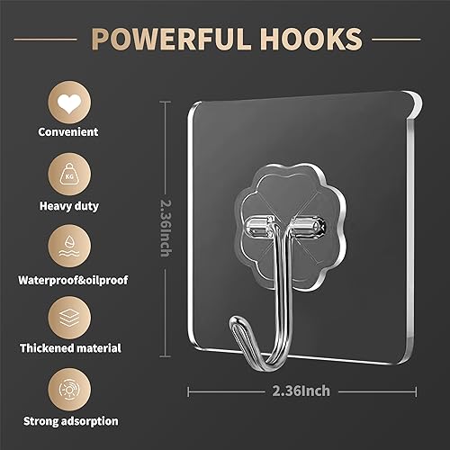 Lcsmaokin Wall Hooks 33lb(Max) Adhesive Wall Heavy Duty Hooks，Transparent Reusable Waterproof Sticky Seamless Hooks for Hanging Keys, Coats, Hats, Bags(15 Pack)