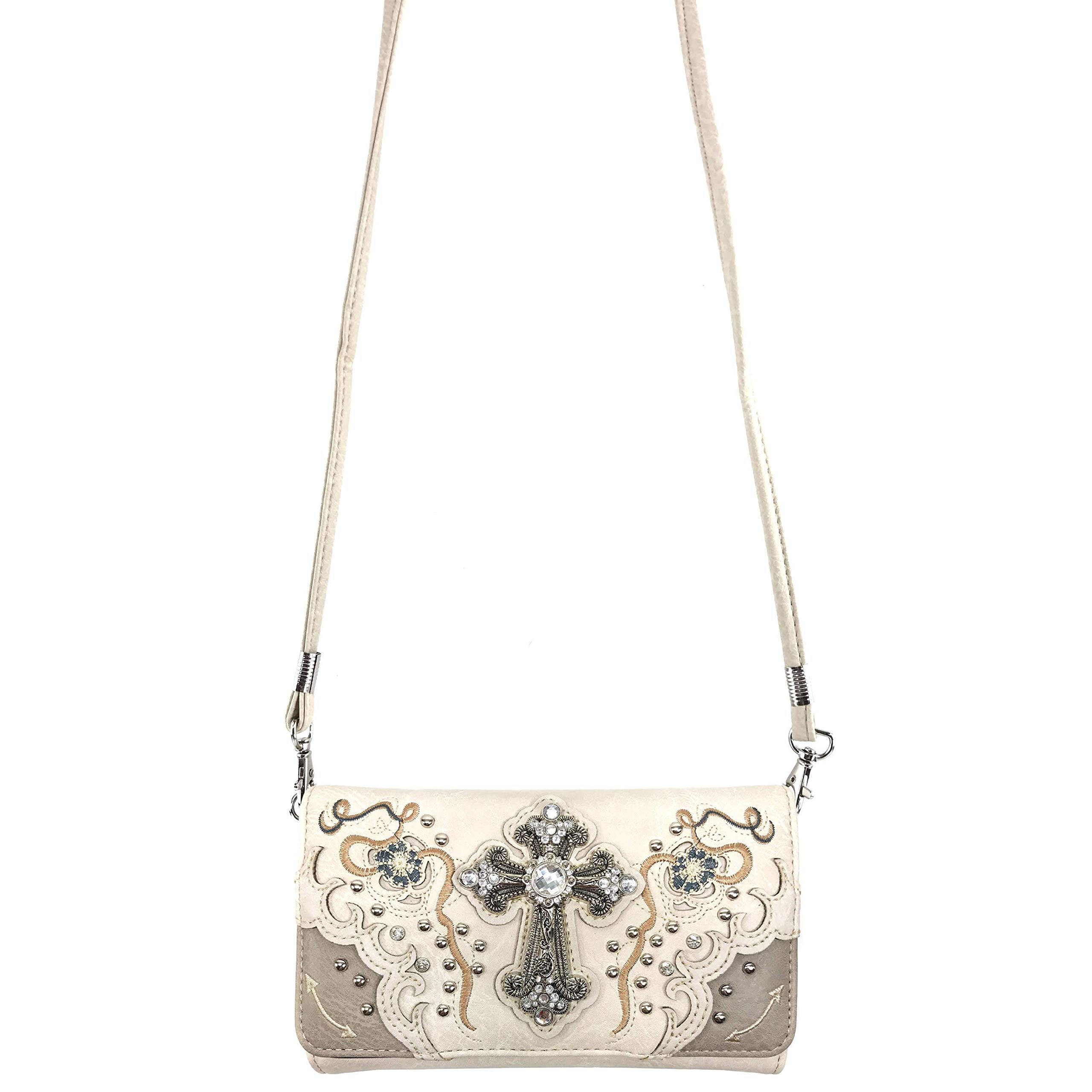 Zelris Floral Poppy Cross Western Women Crossbody Wrist Trifold Wallet (Beige Silver)