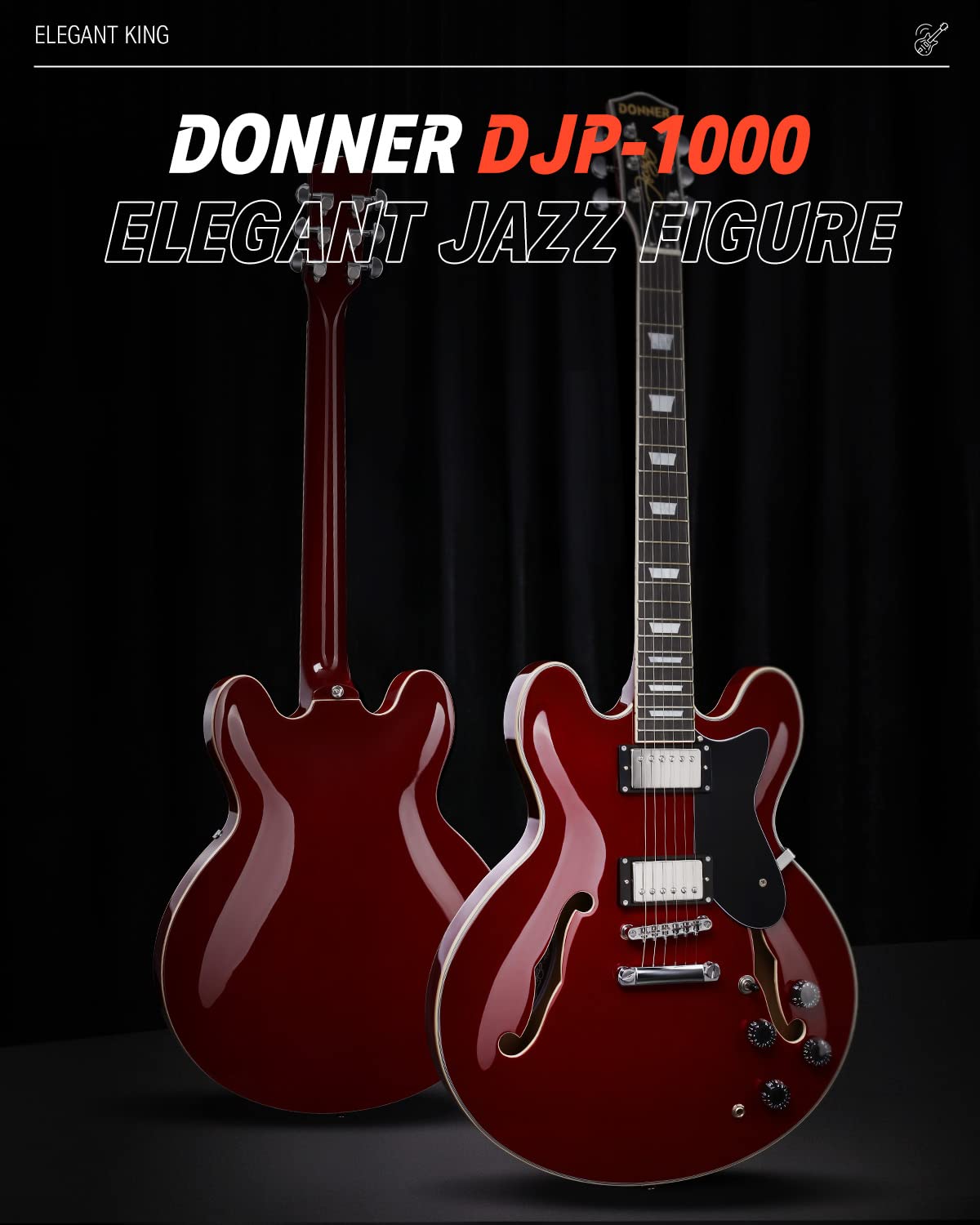 Donner Semi-Hollow Electric Guitar, DJP-1000 Jazz Guitar with H-H Pickups & Coil-splitting Function, 335 Electric Guitar Bonus Bag, Cable, Strap