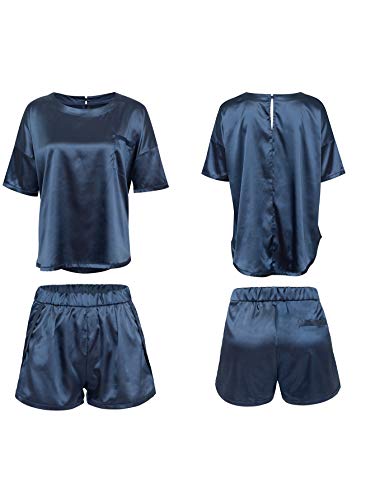 LYANER Women's Satin Silky Pajamas Set Short Sleeve T-shirt With Shorts Set Pjs Loungewear Navy Medium