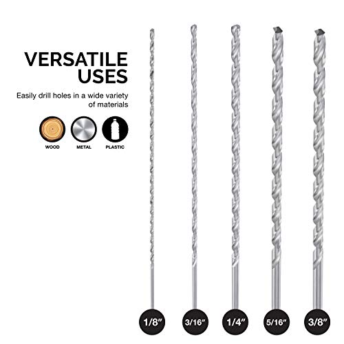 NEIKO 10047A Extra Long Drill Bit Set | 5-Piece | M2 HSS Steel | 12-Inch Length | 1/8, 3/16, 1/4, 5/16, and 3/8-Inch