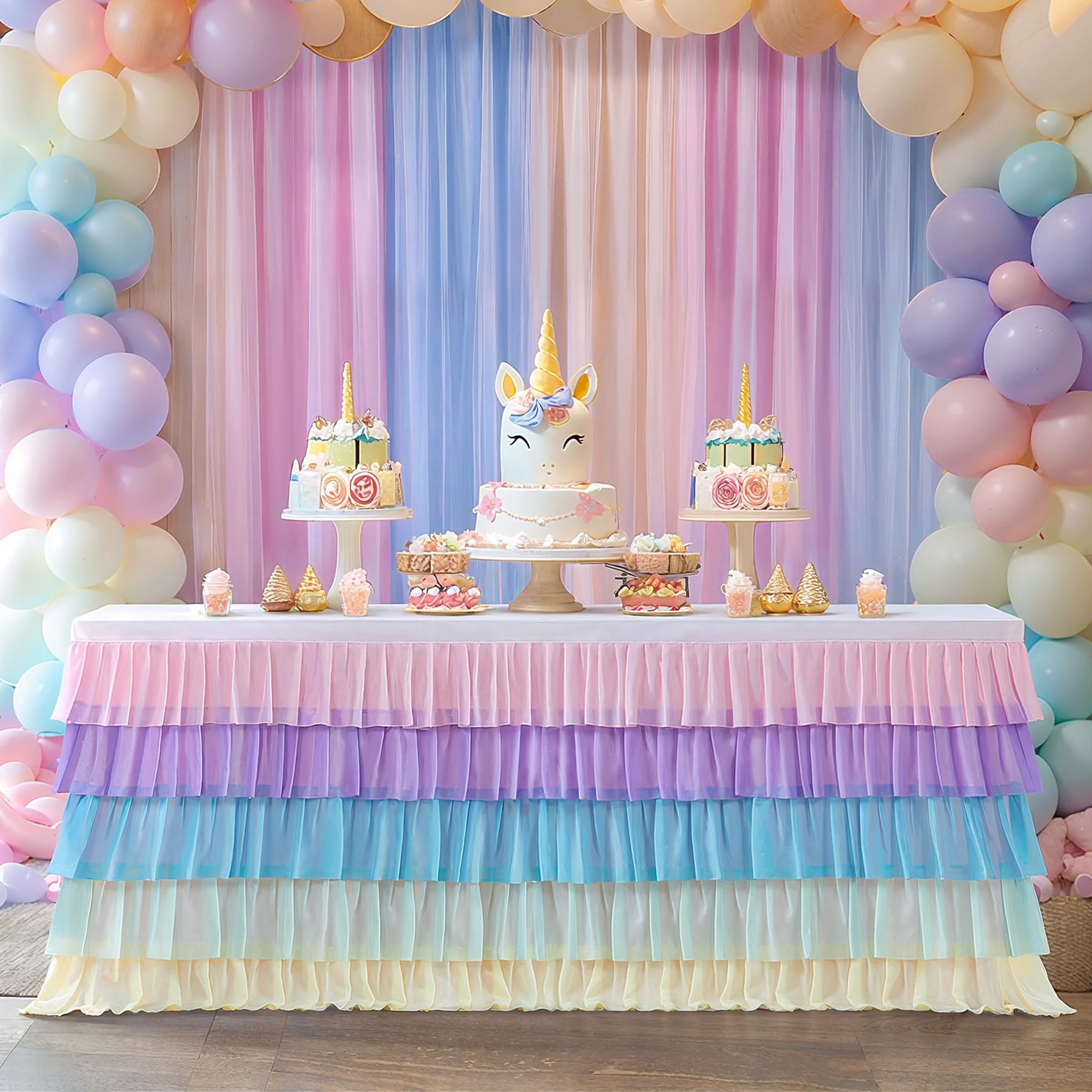 HB HBB MAGIC Rainbow Table Skirt Tutu Unicorn Tablecloth for Rectangle Table 6ft Girls Birthday Unicorn Party Baby Shower
