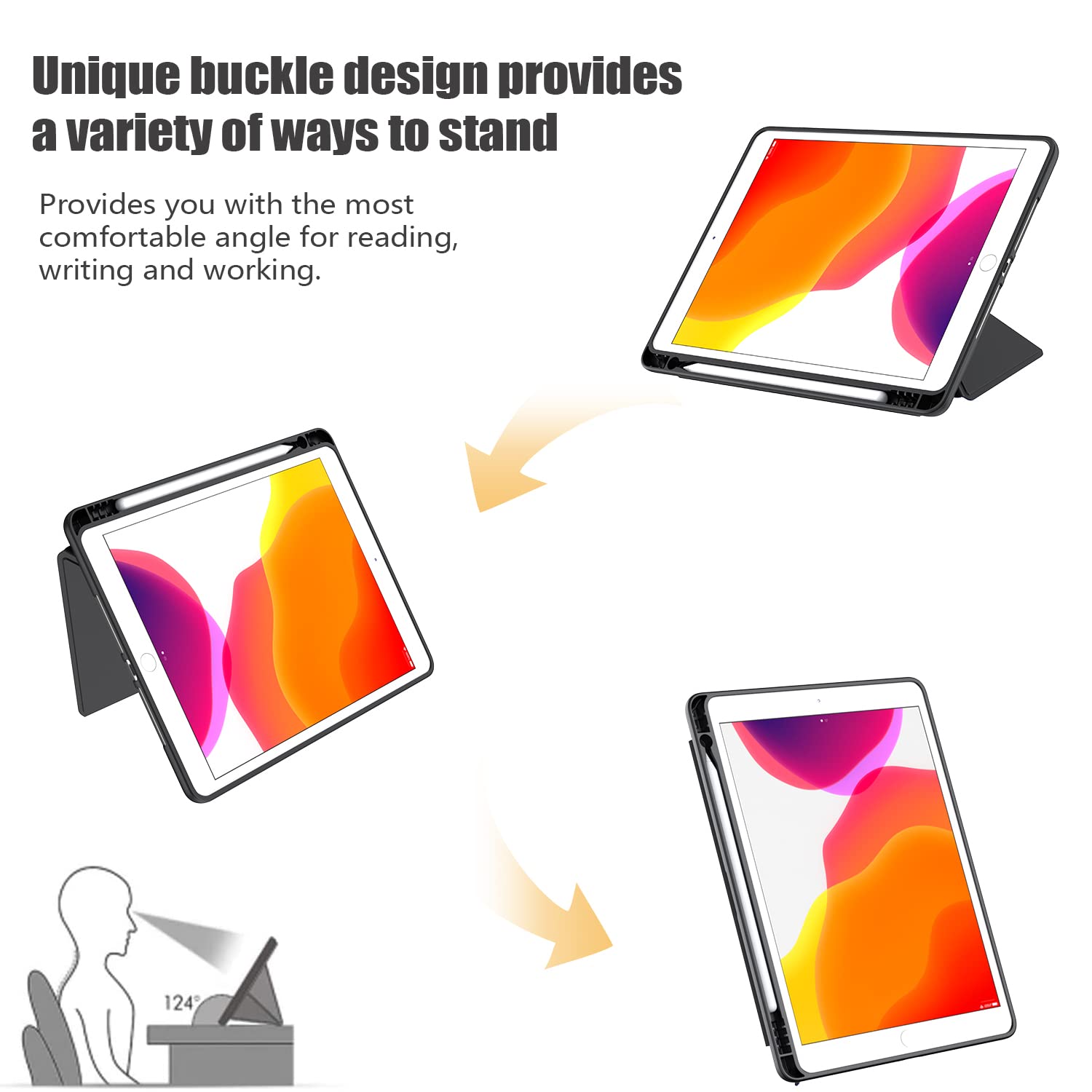 E NET-CASE Case for iPad 9th/8th/7th Generation 10.2 Inch with Pencil Holder, Multi Angle Magnetic Auto Sleep/Wake Cover for iPad 10.2 inch 2021/2020/2019 Model (Black)
