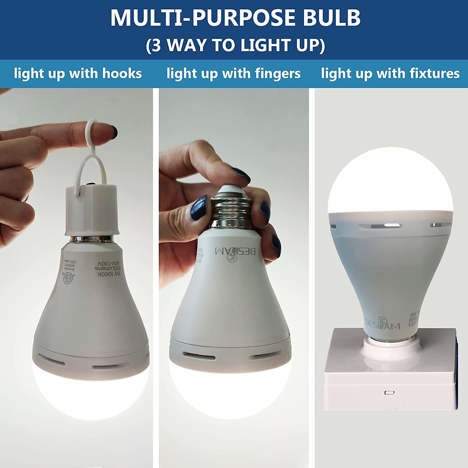 BESLAM Rechargeable Emergency LED Bulb with Battery Backup, Self-Charging Camping Light Bulbs for Power Outage Hurricane 60W Equivalent(8W), Daylight 5000K, 850 Lumens, E26, 2 Pack with Hook