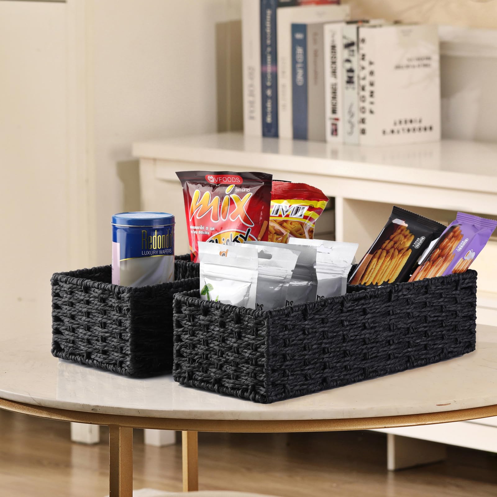 Vagusicc 2-Section Wicker Storage Basket, Hand-Woven Paper Rope Wicker Baskets, Toilet Tank Basket, Baskets for Organizing, 2-Pack, Black