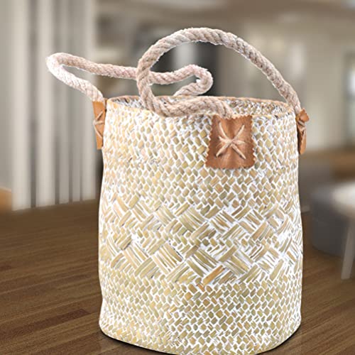 HANABASS Hanging Planters Hanging Flower Pot Multifunction Handmade Seagrass Braided Basket Flower Pot Desktop Storage Box Woven Laundry Basket(White Big) Hanging Indoor Planters Indoor Planter