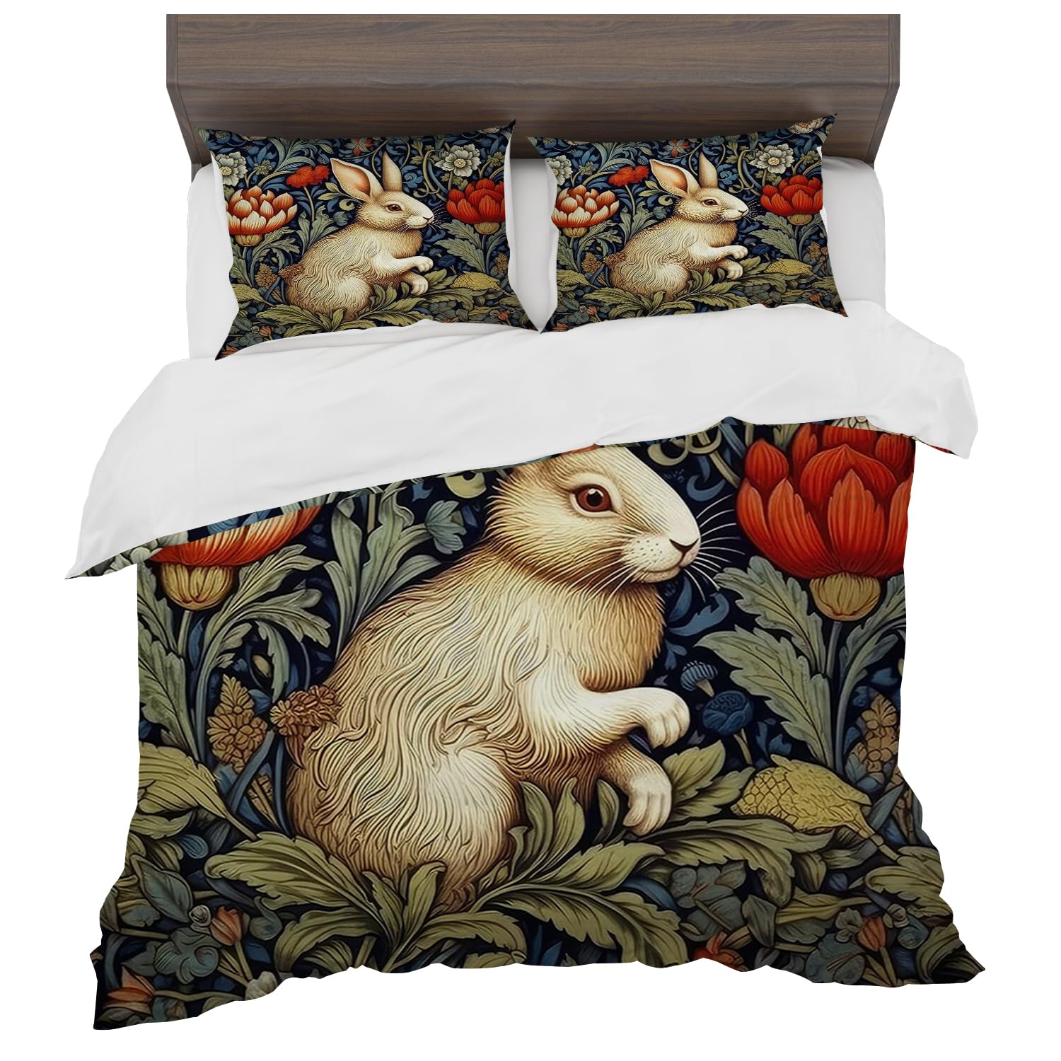 Fchen art Bunny Garden Floral Bedding Set 100% Cotton Vintage Rabbit Duvet Cover Large Flower Cottagecore Bedding Romantic Animal Floral Theme Duvet Cover (1 Duvet Cover and 2 Pillowcases) King Size