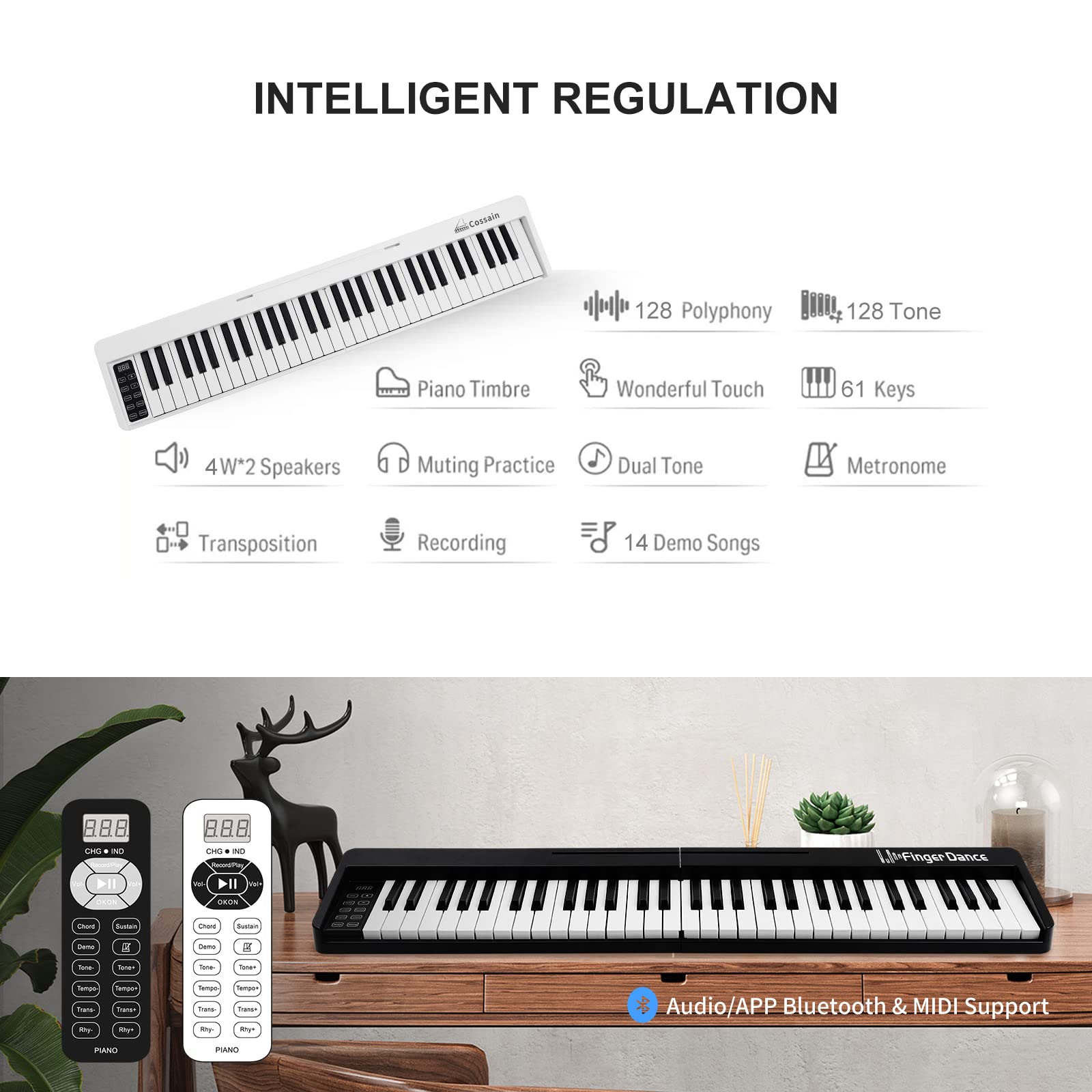 Cossain Folding Piano 61 Key Keyboard with Upgrade Imitation Wood Texture Keyboard 61 Key Digital Piano with MIDI Portable Piano Keyboard for Beginners - Deep Black