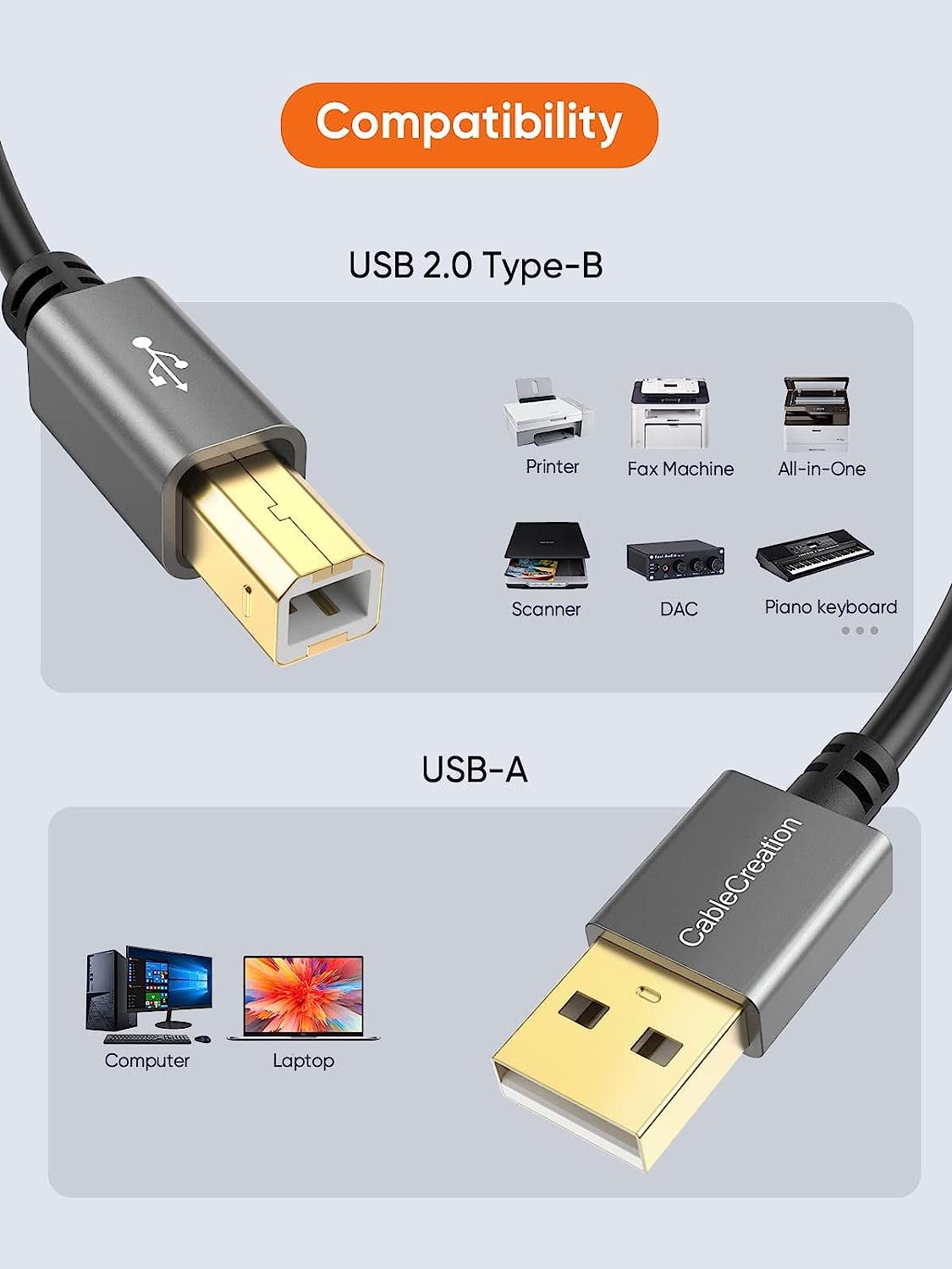 CableCreation [2-Pack] USB Printer Cable 5FT, USB 2.0 Printer Cable to Computer USB to USB B Printer Cord for HP, Brother, Epson, Canon, Piano, Dac, Aluminum Case, Space Gray 1.5m